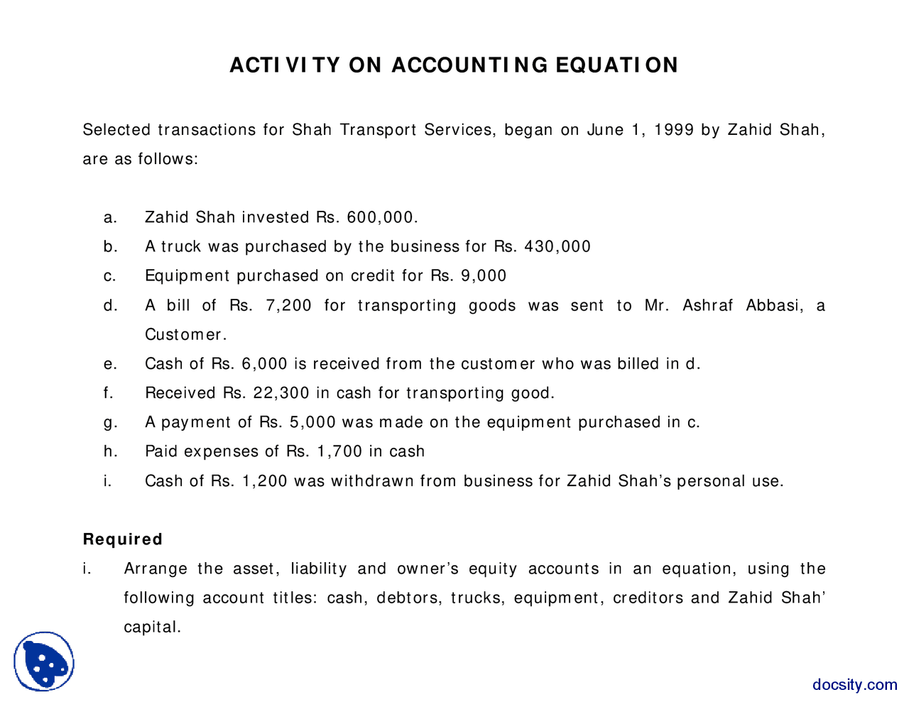 Accounting Equation-Accounting-Assignment - Docsity