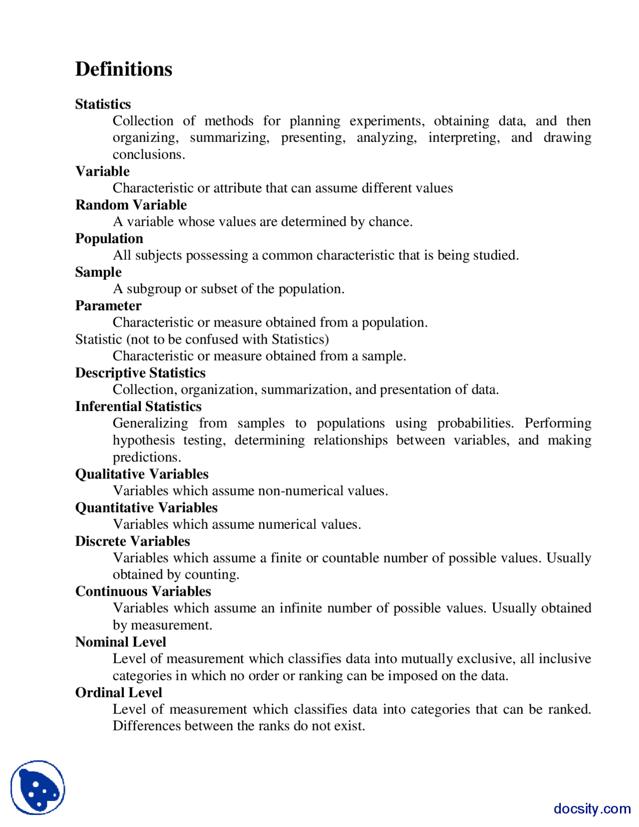Definitions-Statistics-lecture Handouts - Docsity