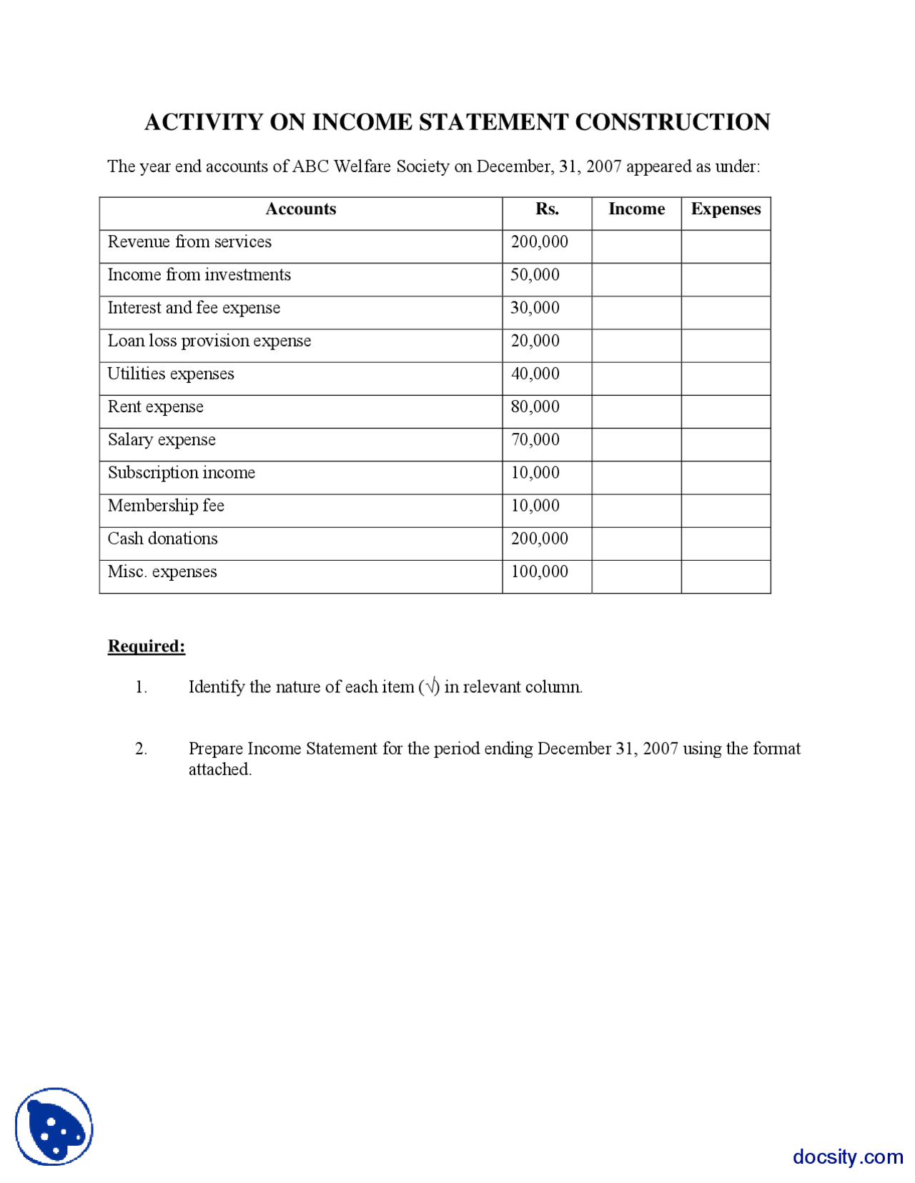 Income Statment-Accounting-Assignment | Exercises Accounting | Docsity