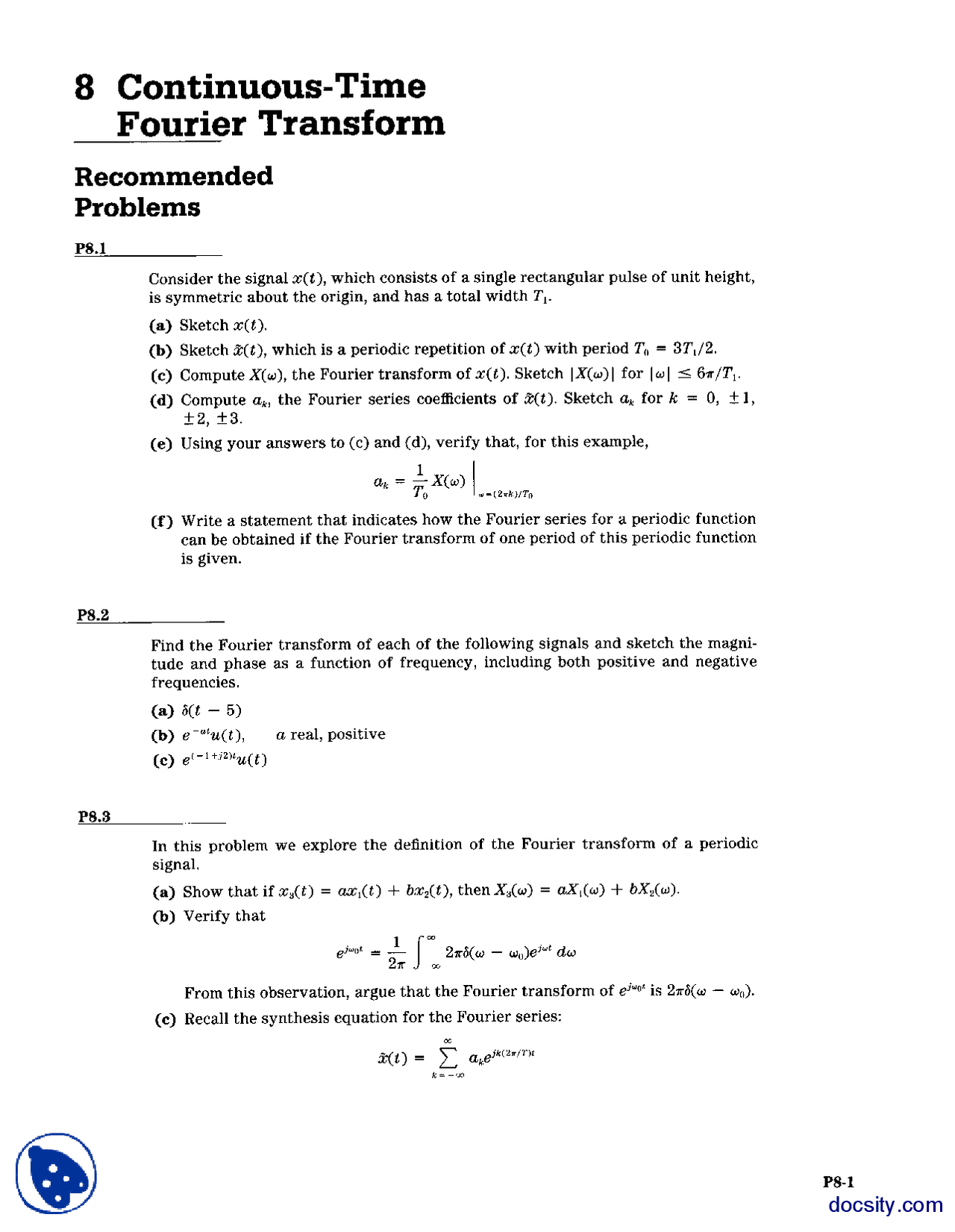Continuous Time Fourier Transform Digital Signal Processing Assignment