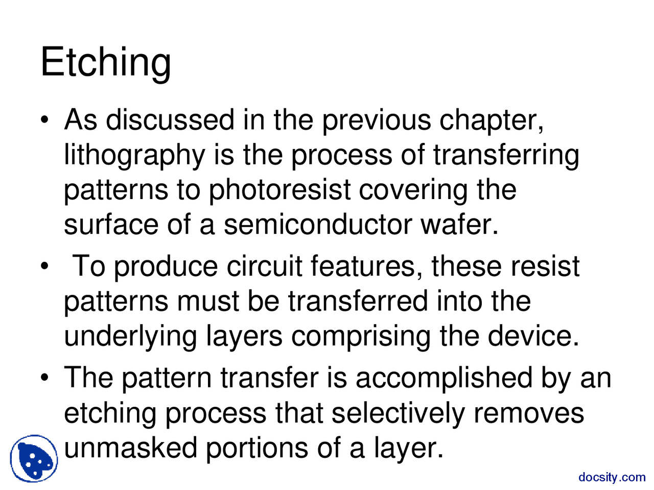 Etching Fundamentals Of Semiconductor Fabrication Lecture Slides Docsity