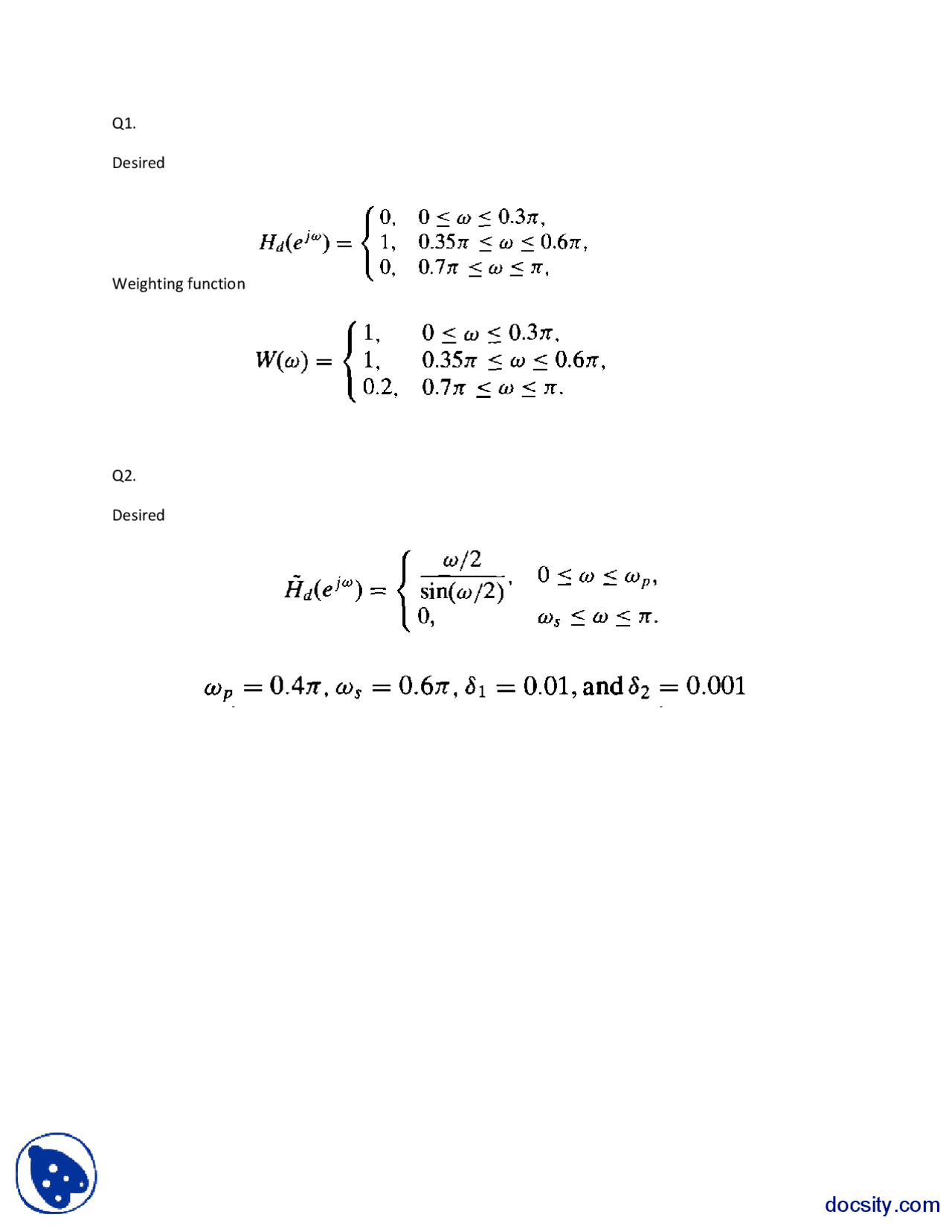 Weighting Function-Digital Signal Processing-Assignment - Docsity