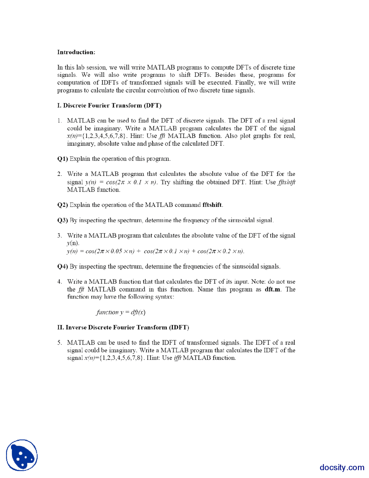 Discrete Fourier Transform Digital Signal Processing Assignment Docsity