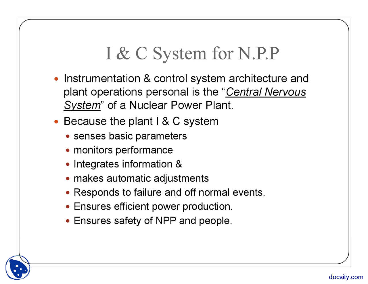 I and C System for N.P.P I-Control and Instrumentation-Lecture Slides - Docsity