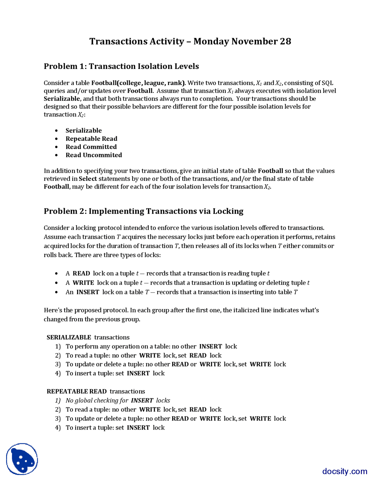 Transaction Activities-Introduction to Database-Lecture Notes - Docsity