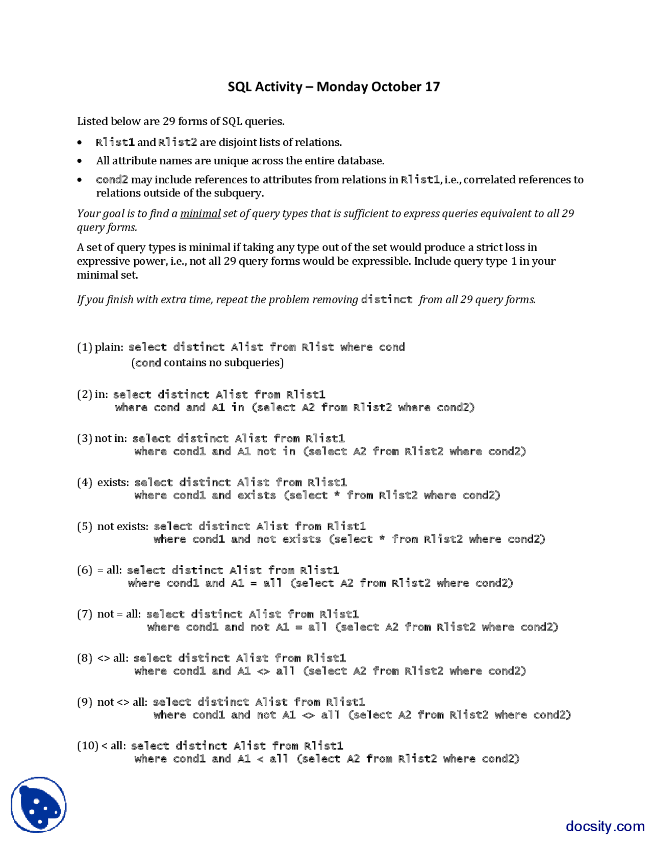 Sql Activity Database Fundamentals Lecture Notes Docsity