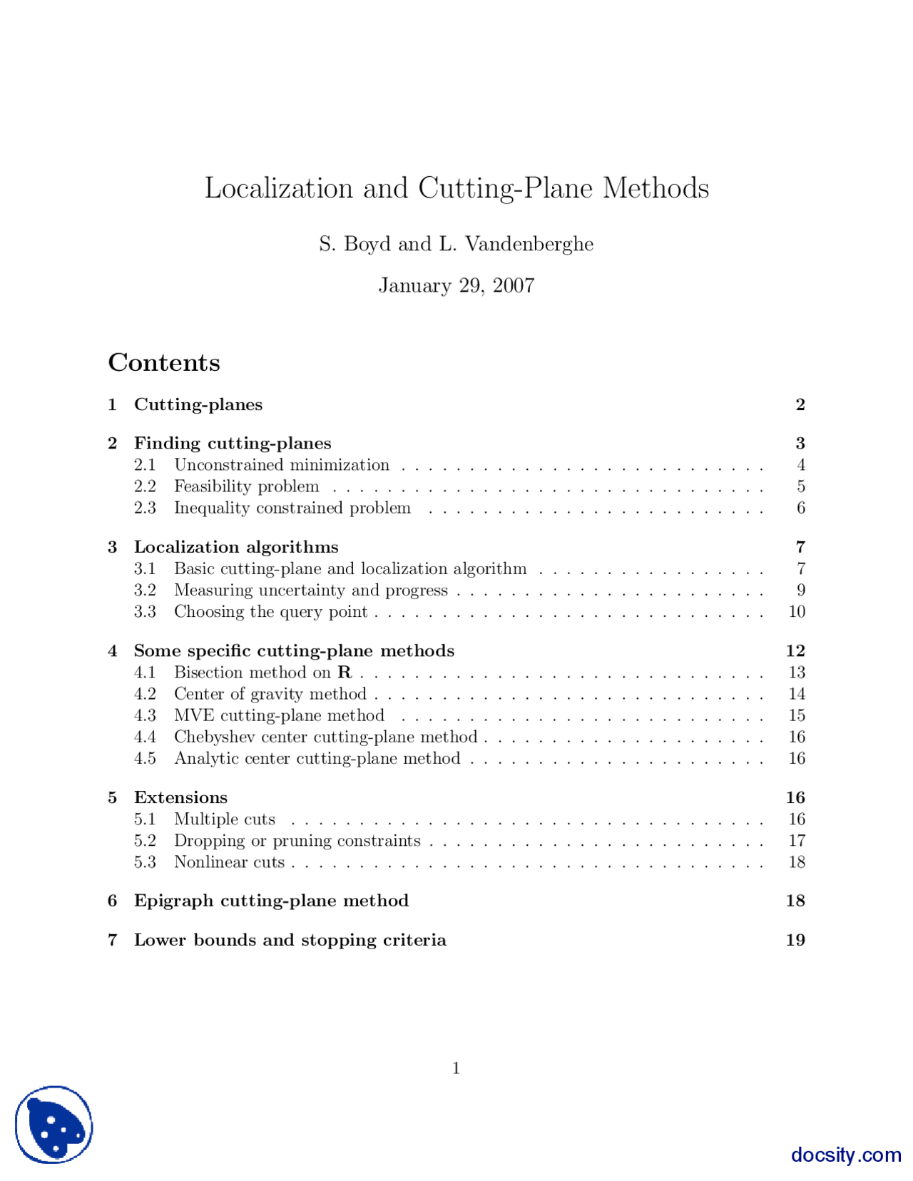 Localization And Cutting Plane Methods Optimization Techniques Lecture Notes Docsity