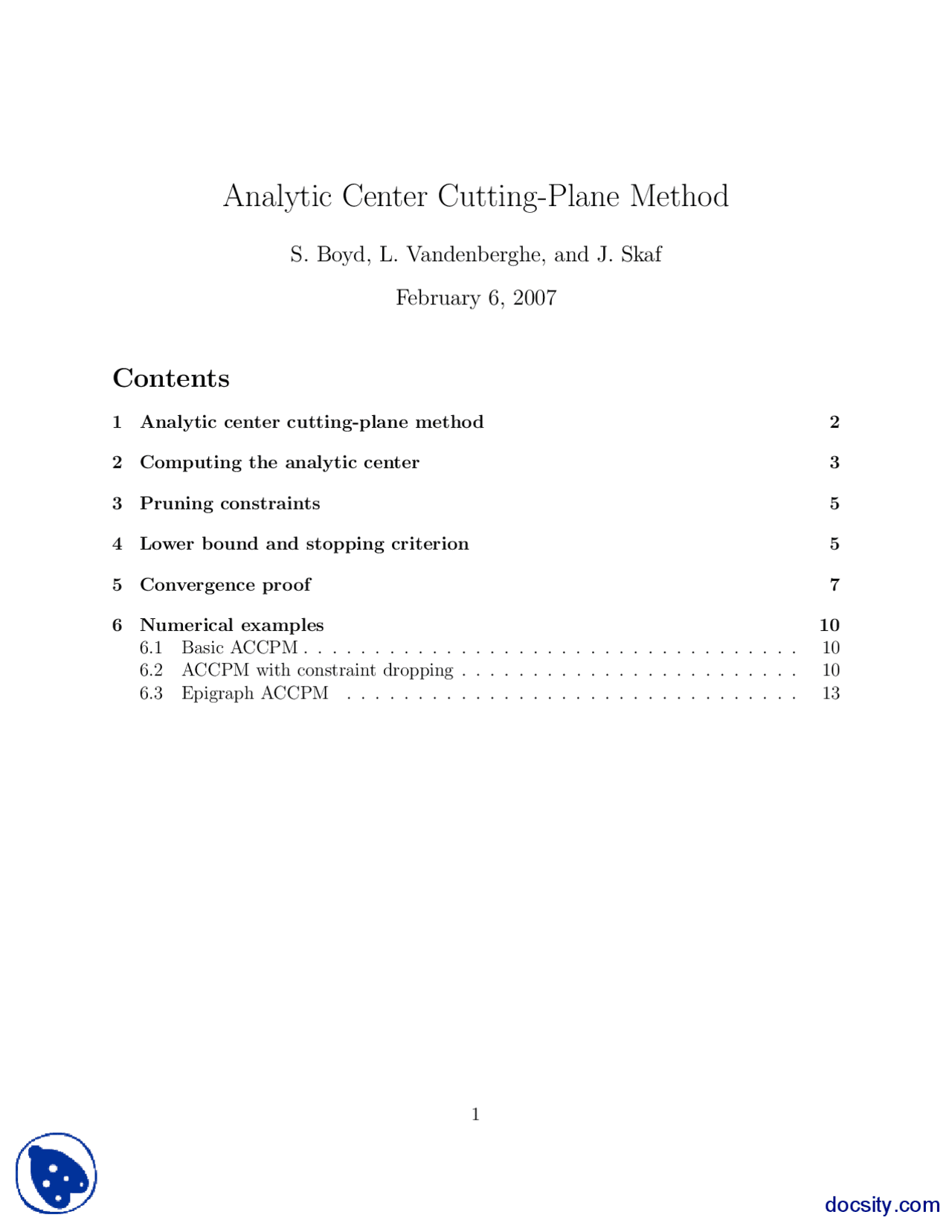 Analytic Center Cutting Plane Method Optimization Techniques Lecture