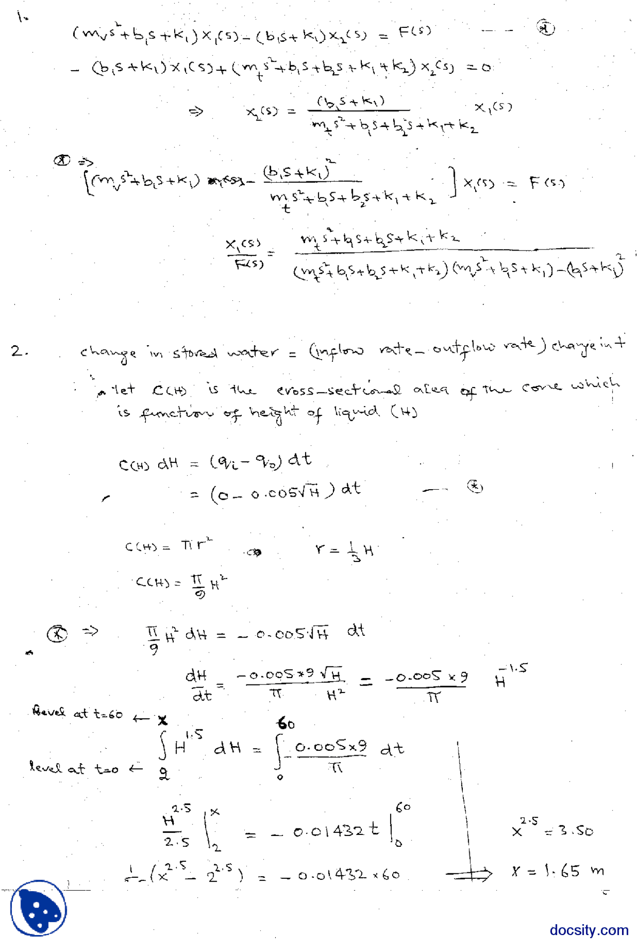 Mathematical Modeling Control System Paper Solution Docsity