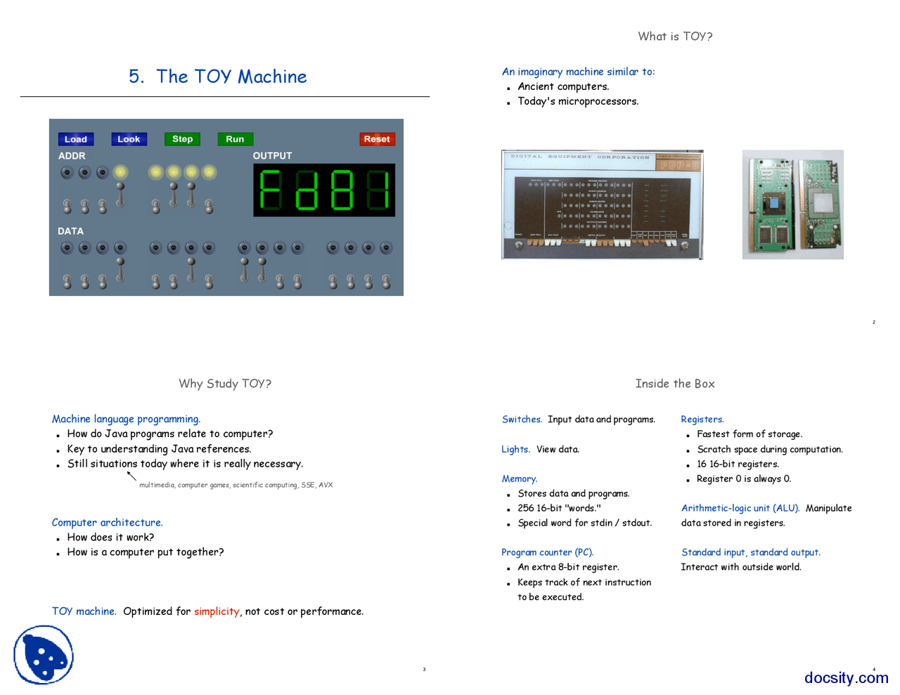 The TOY Machine-Algorithms and Data Representation-Lecture Slides - Docsity