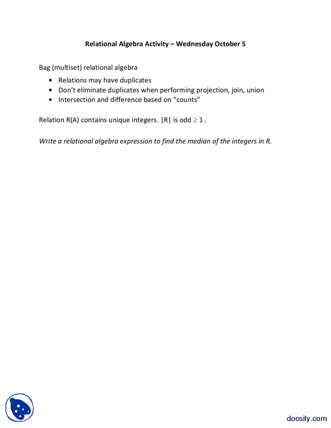 Relational Algebra Activity Database Fundamentals Lecture Notes Docsity