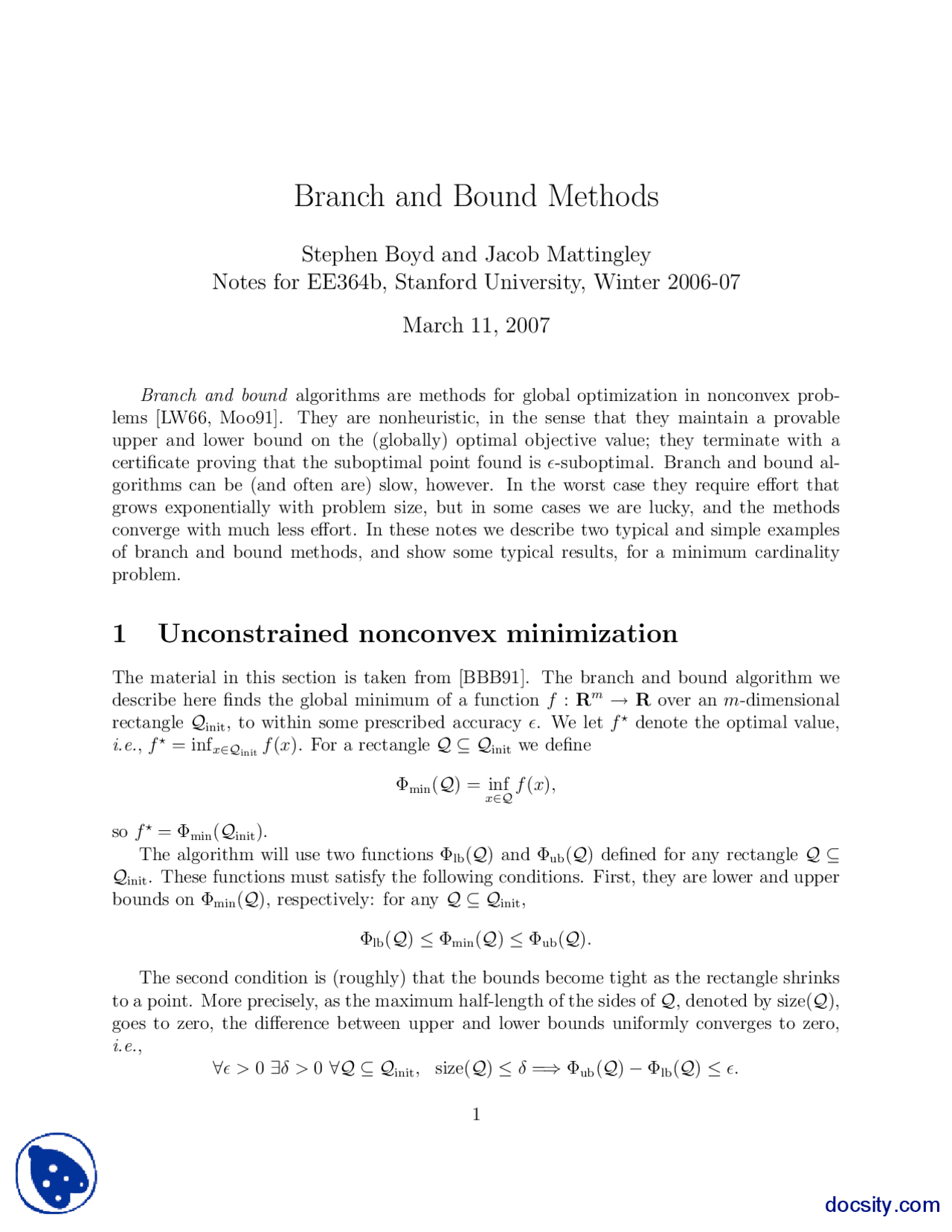 Branch And Bound Methods Convex Optimization Lecture Notes Docsity