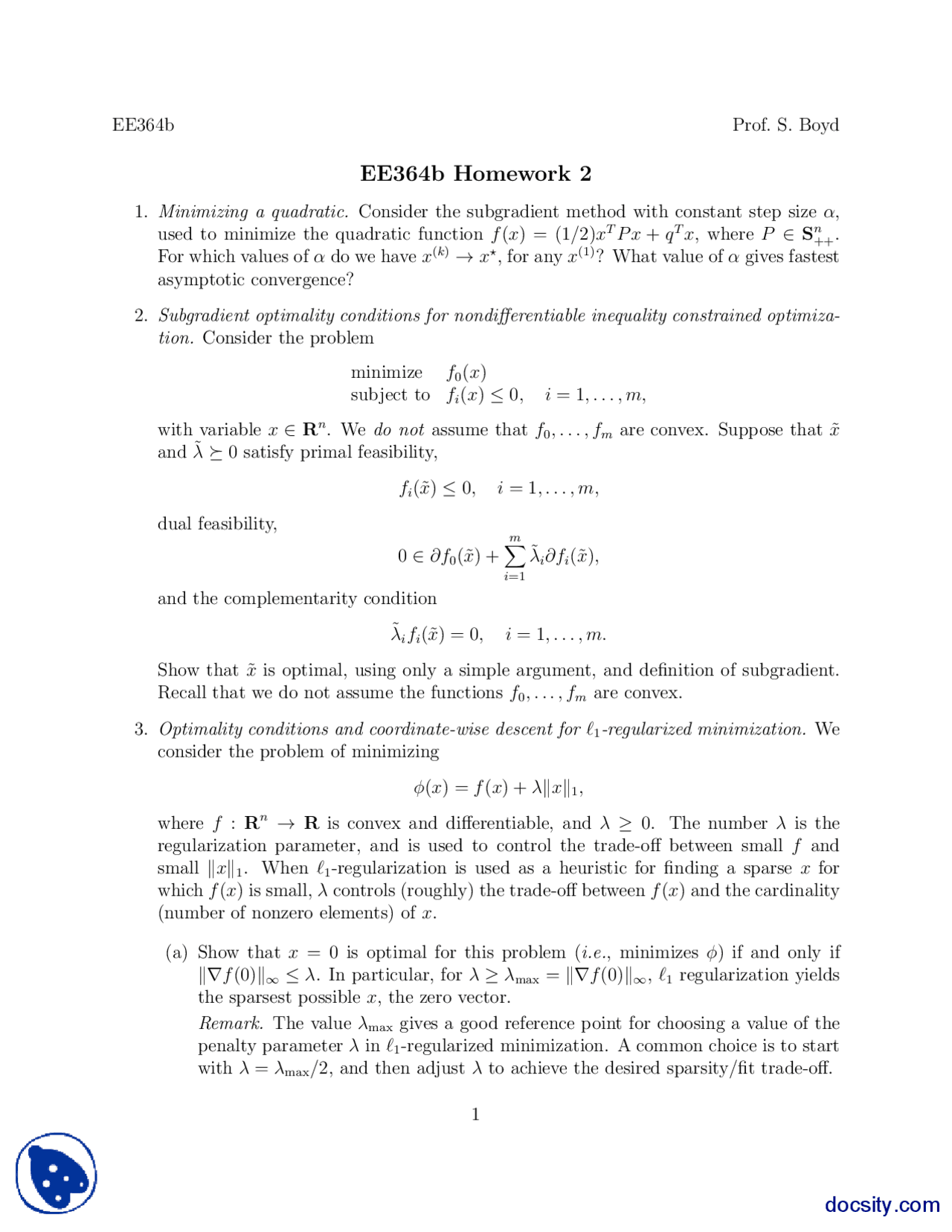 Minimizing Quadratic Optimality Conditions And Coordinate Wise Descent Docsity