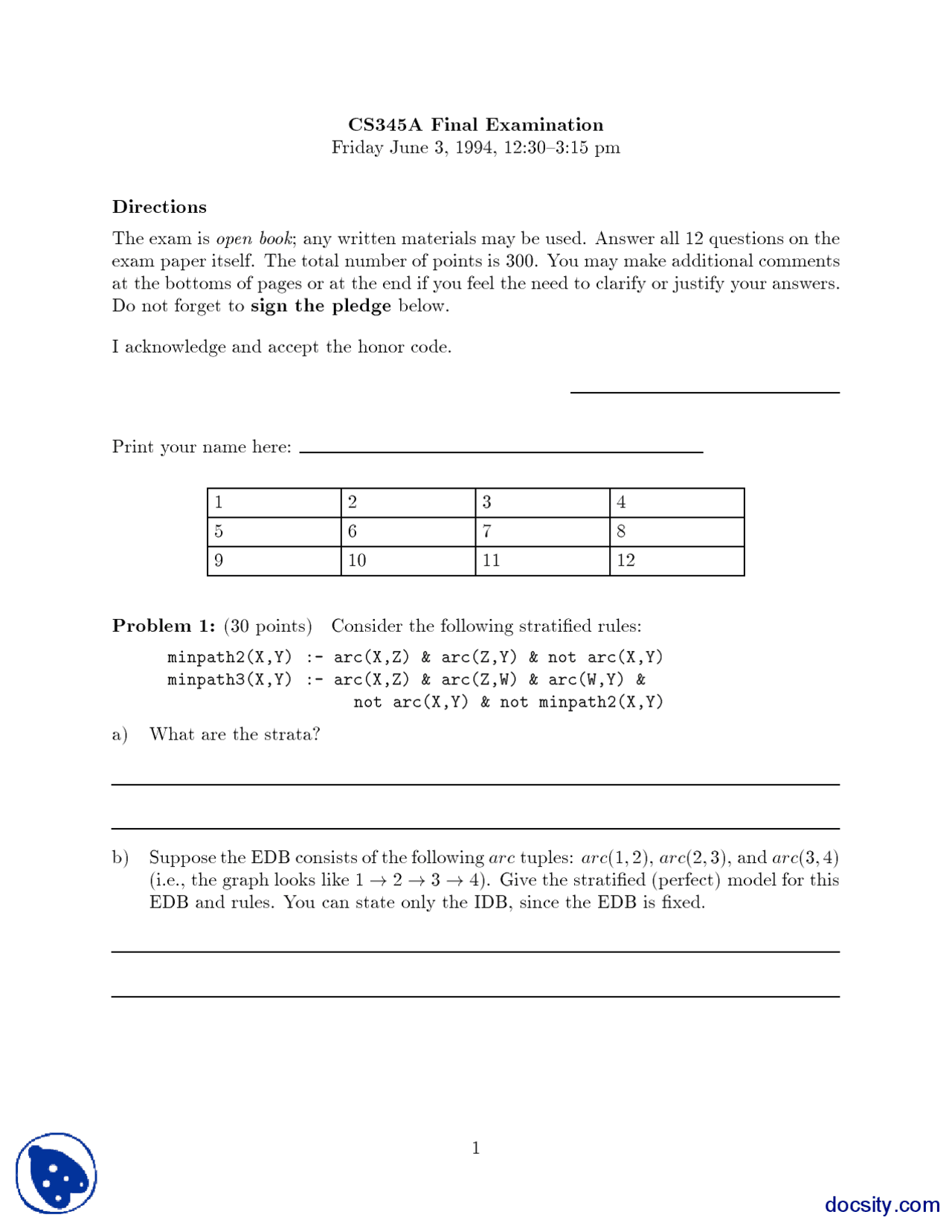 Dependency Graph Strata Edb 1994 Distributed Queries Exam Paper Docsity