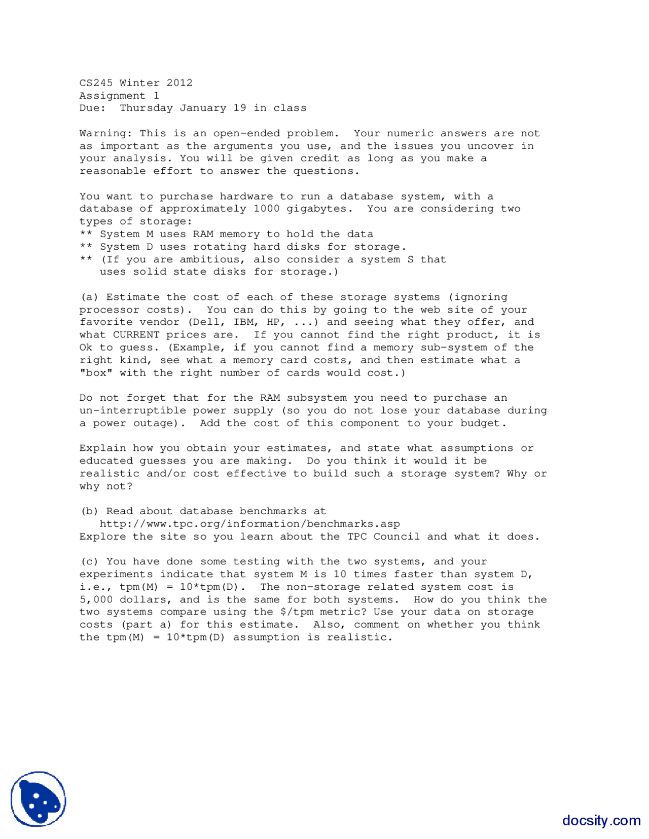 Costs And Testing Database Systems Assignment Docsity
