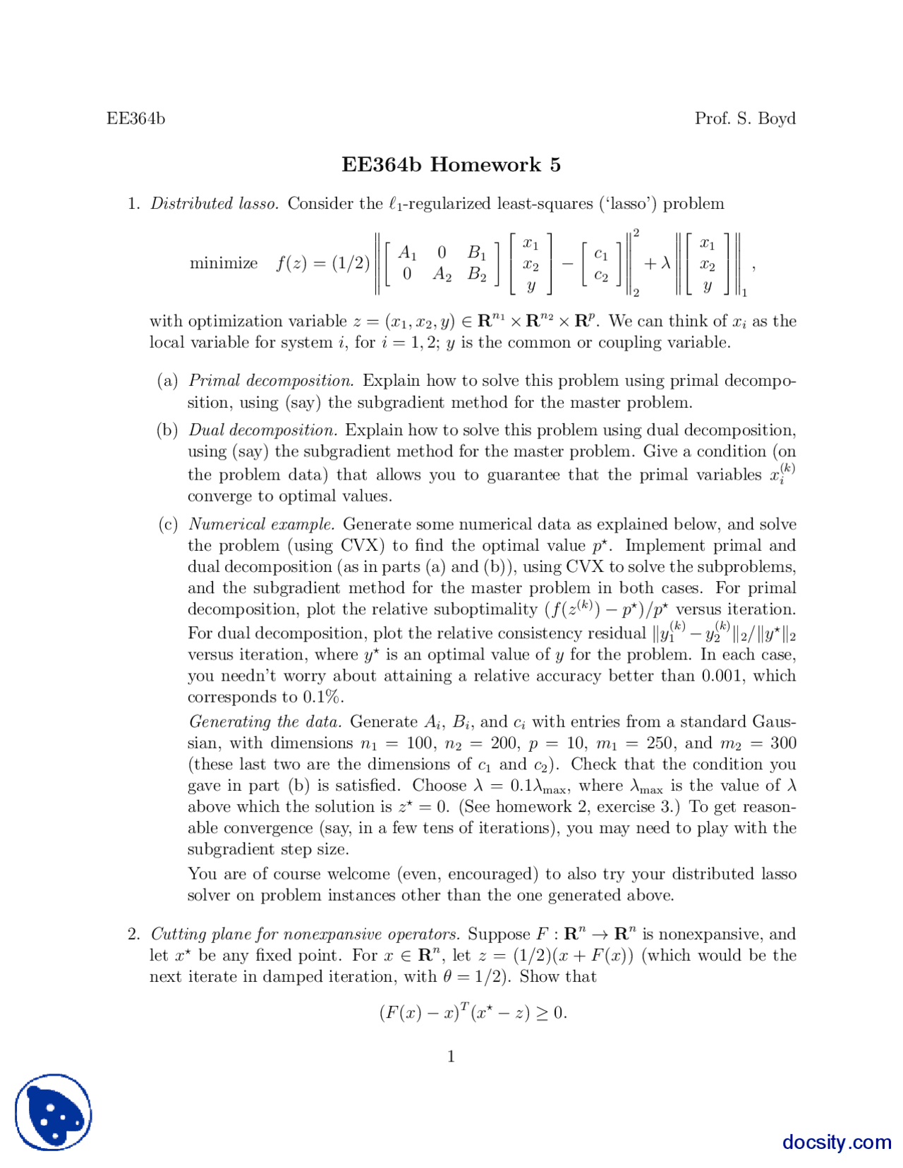 EE364b Homework 5: Distributed Lasso Problem and Nonexpansive Operators | Exercises Convex ...