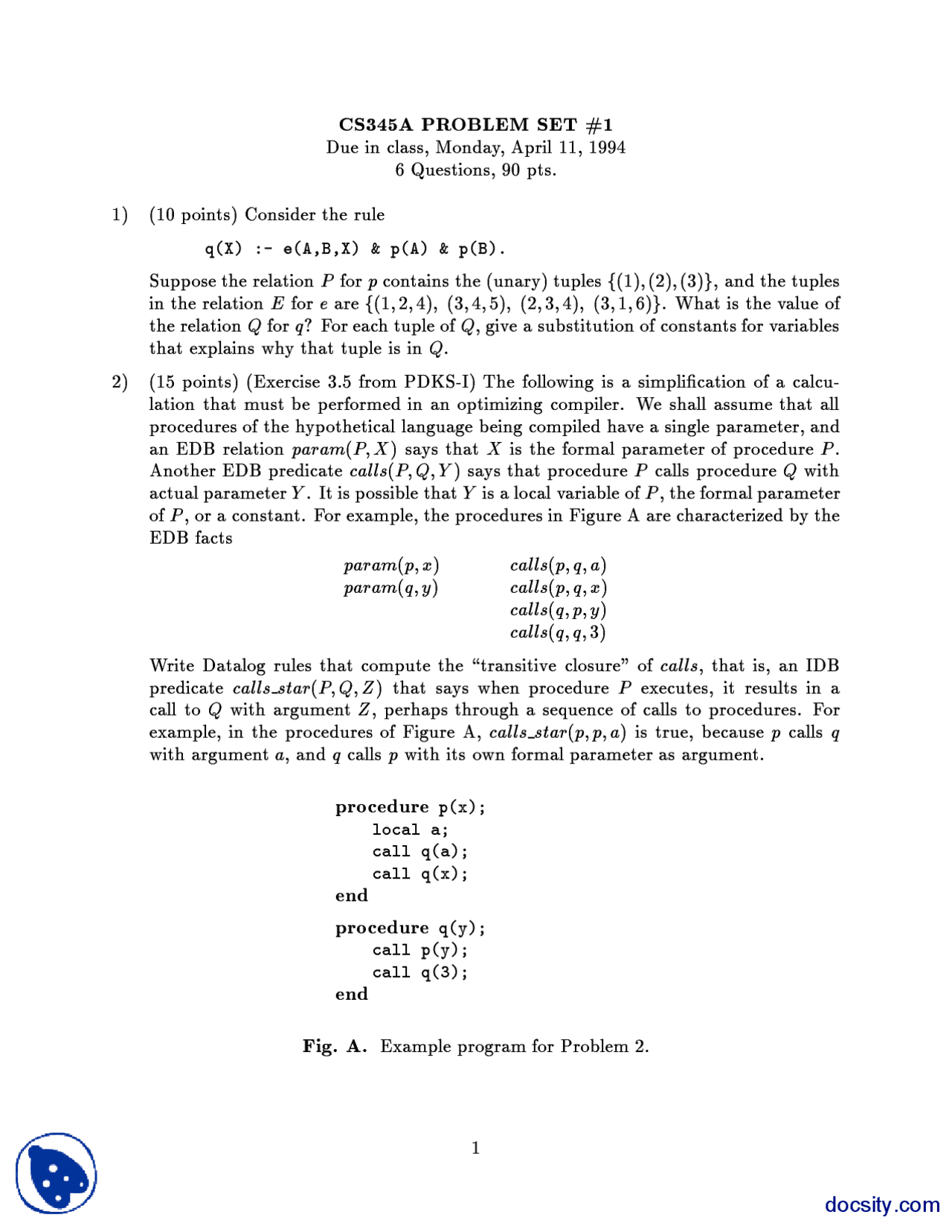 Datalog Rules Minimal Model And Edb Distributed Queries Assignment Docsity