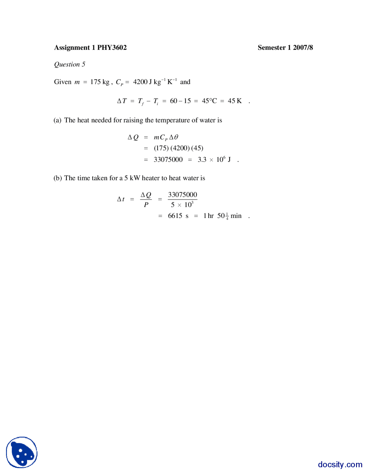 Heating The Water Physics Assignment Solution Docsity