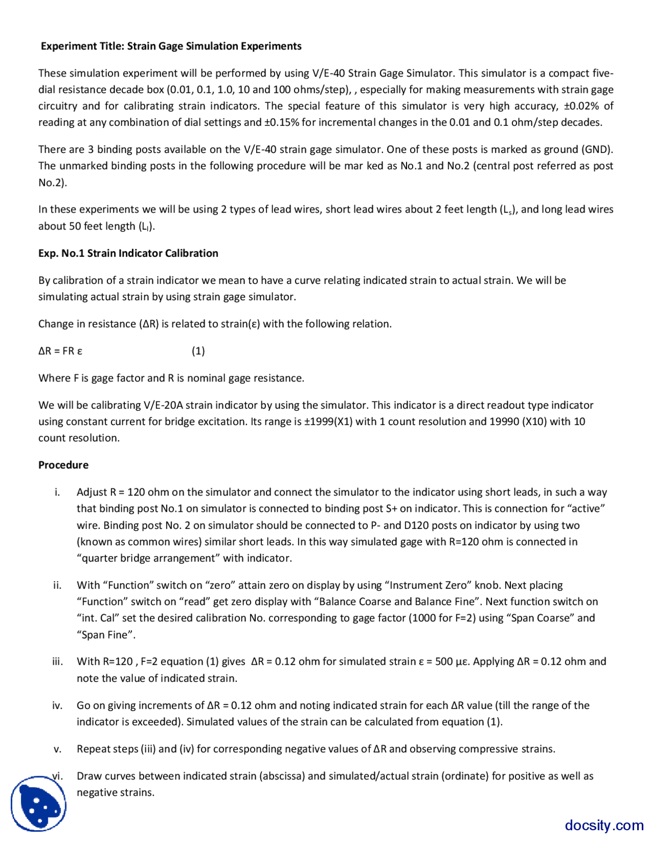 Strain Gage Simulation Experiments-Mechanics-Simulation Experiments | Exercises Mechanics | Docsity