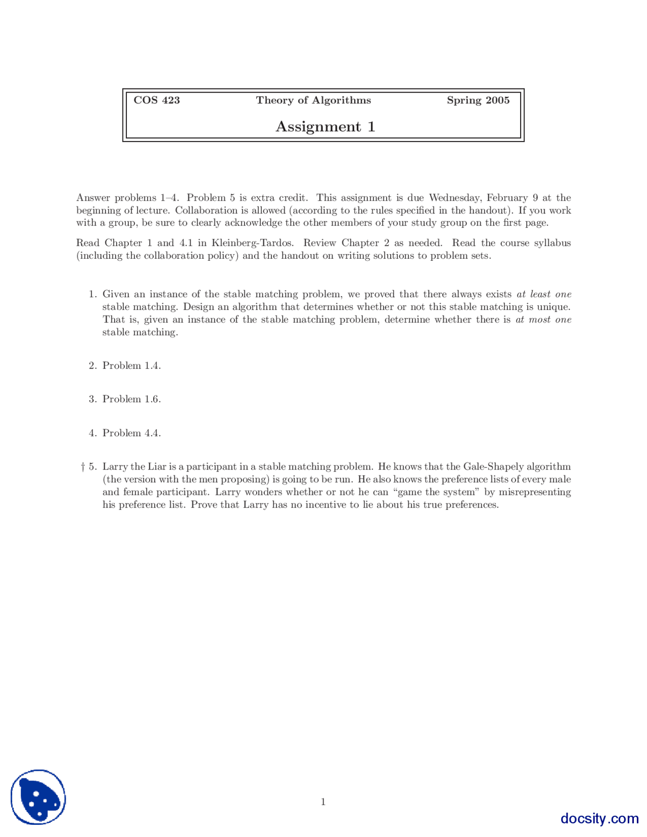 Stable Matching Problem-Writing Algorithms-Assignment - Docsity