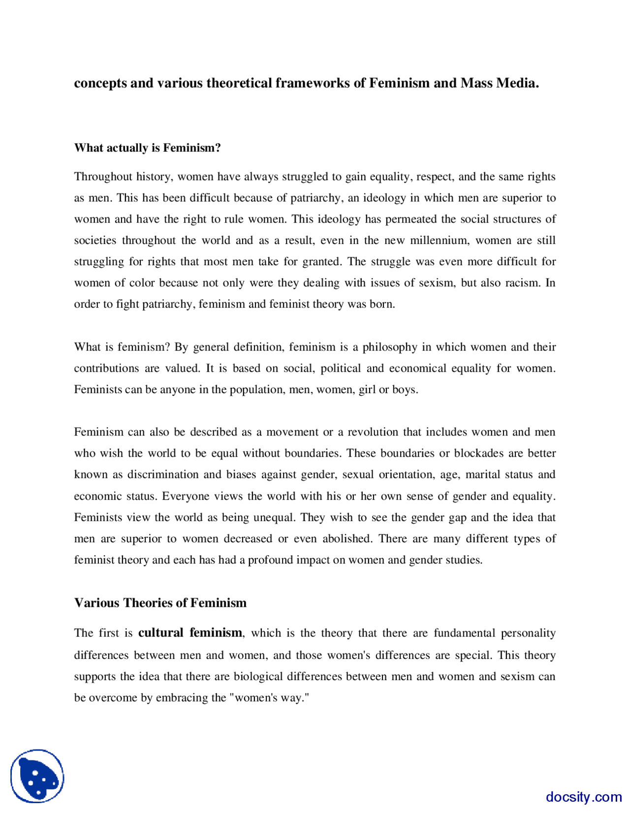 Concepts And Various Theoretical Frameworks Of Feminism And Mass Media