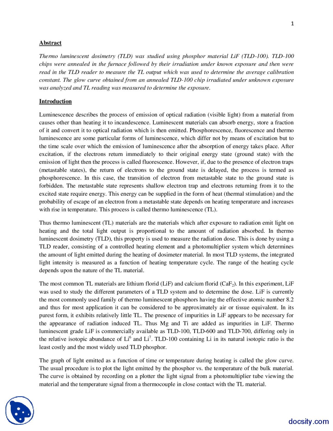 Thermo Luminescent Dosimetry-Advanced Physics-Lab Report - Docsity