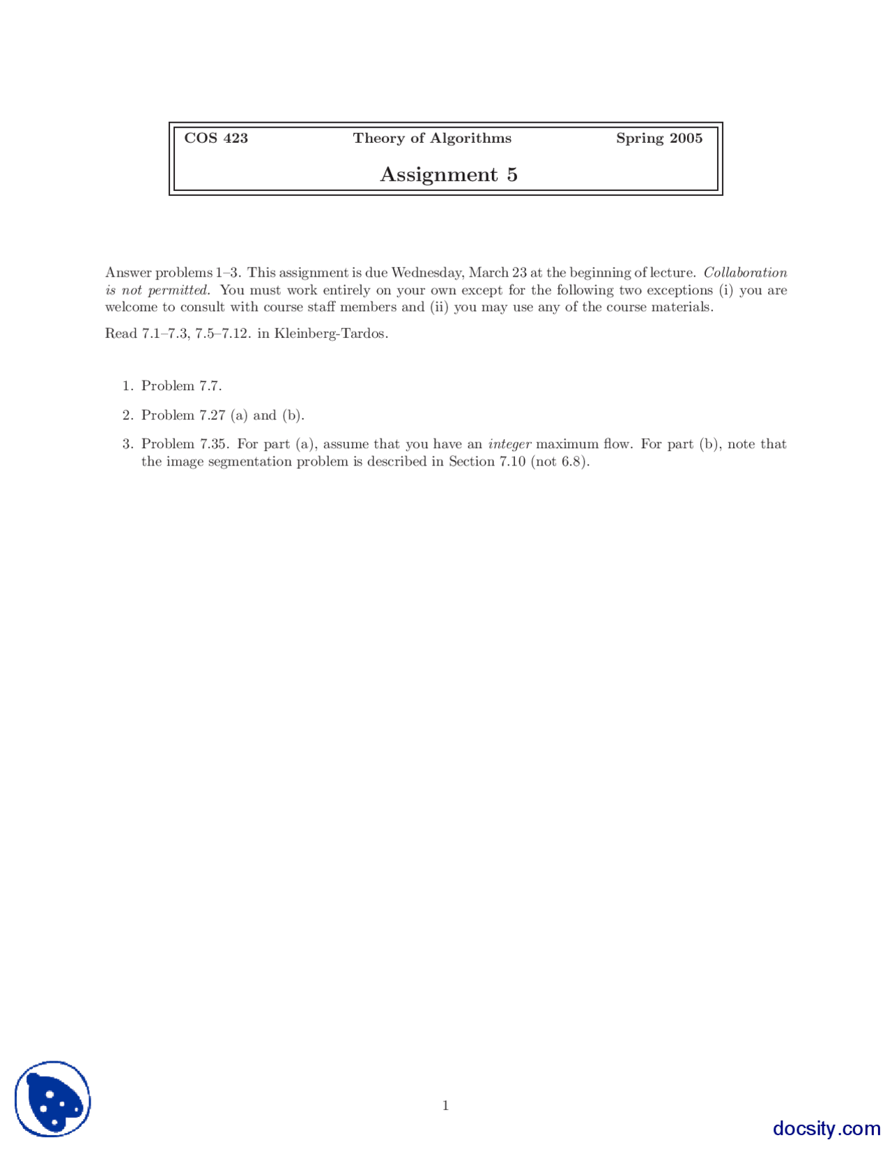 Assignment 5 for COS 423: Theory of Algorithms, Spring 2005 | Exercises Algorithms and ...
