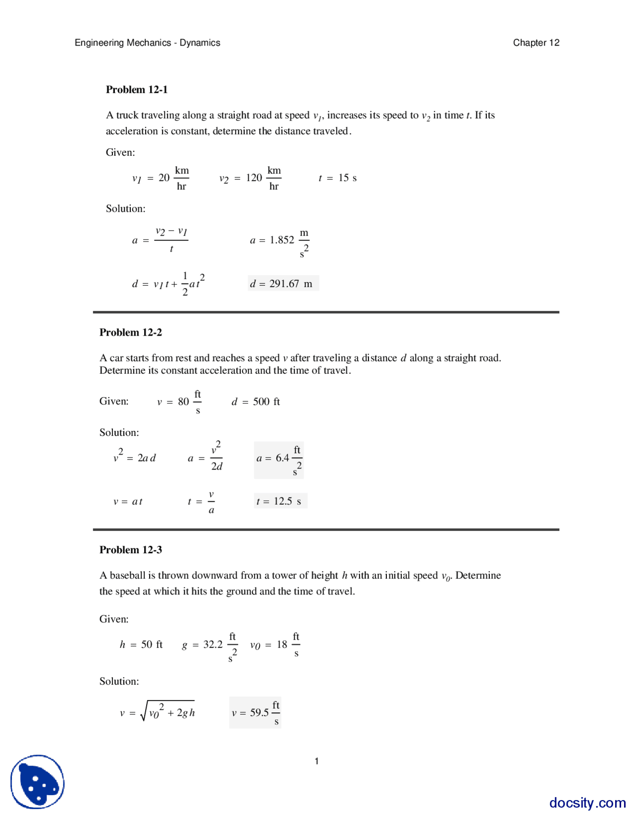 Displacment Speed Problems Dynamics Assignment Solution Docsity