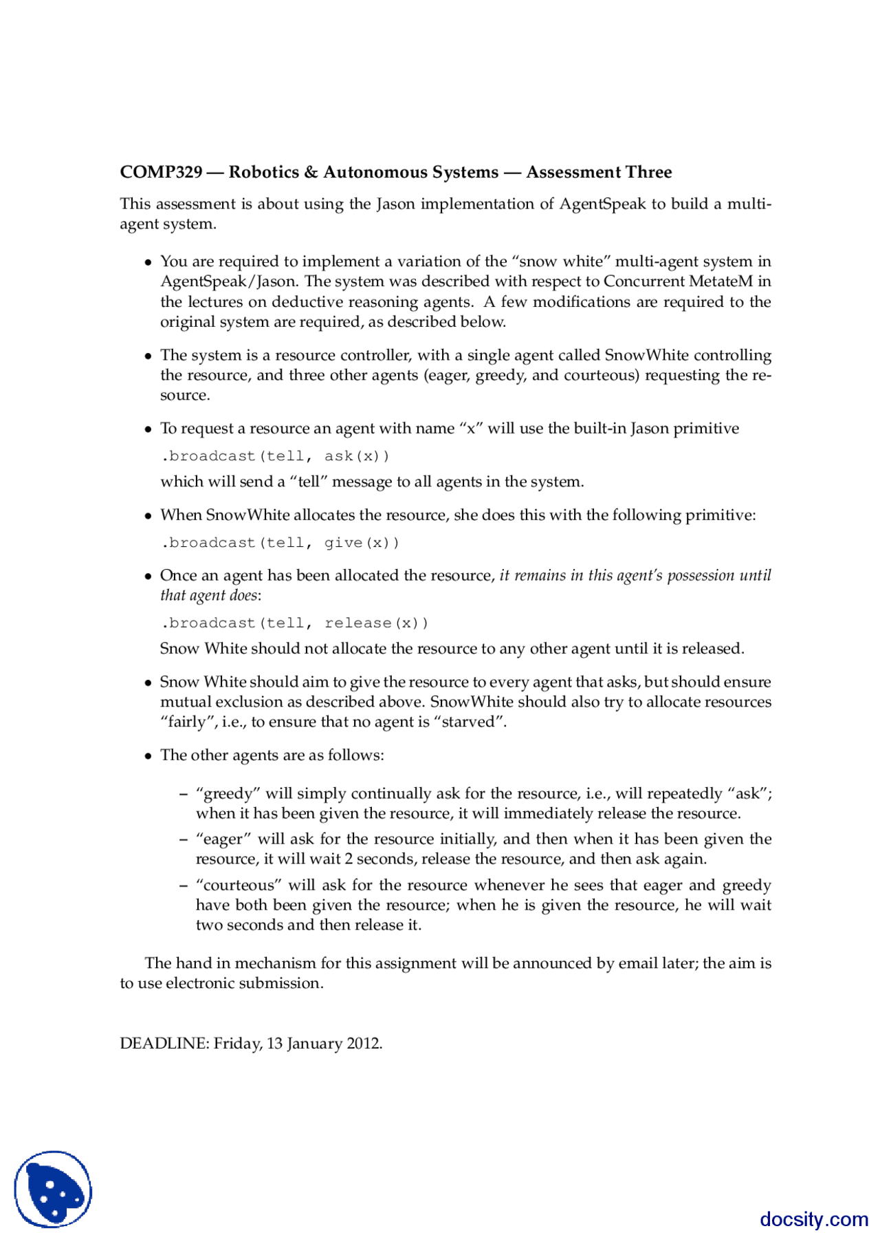 Jason Implementation Of Agentspeak Robotics And Autonomous Systems Assignment Docsity