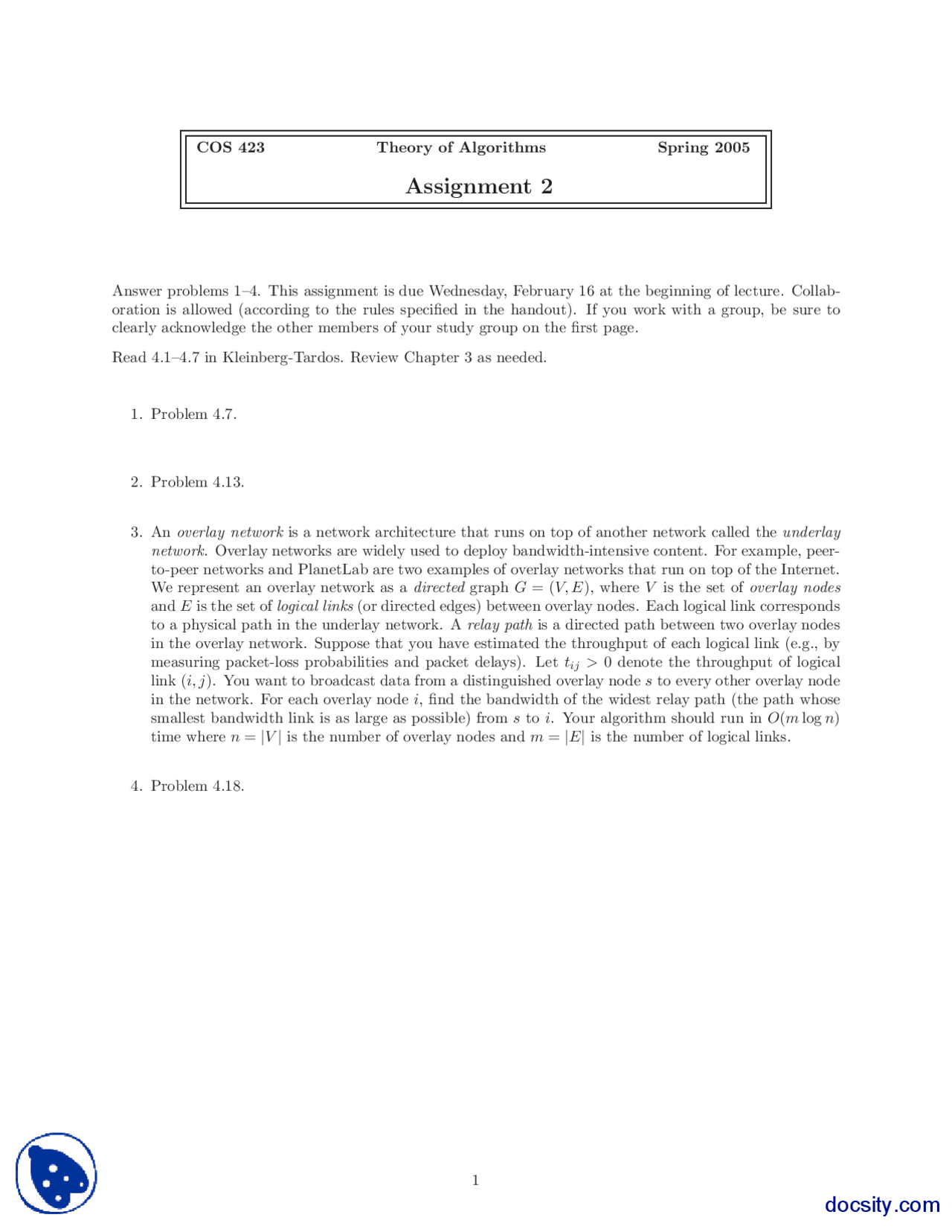 Overlay Network-Writing Algorithms-Assignment - Docsity
