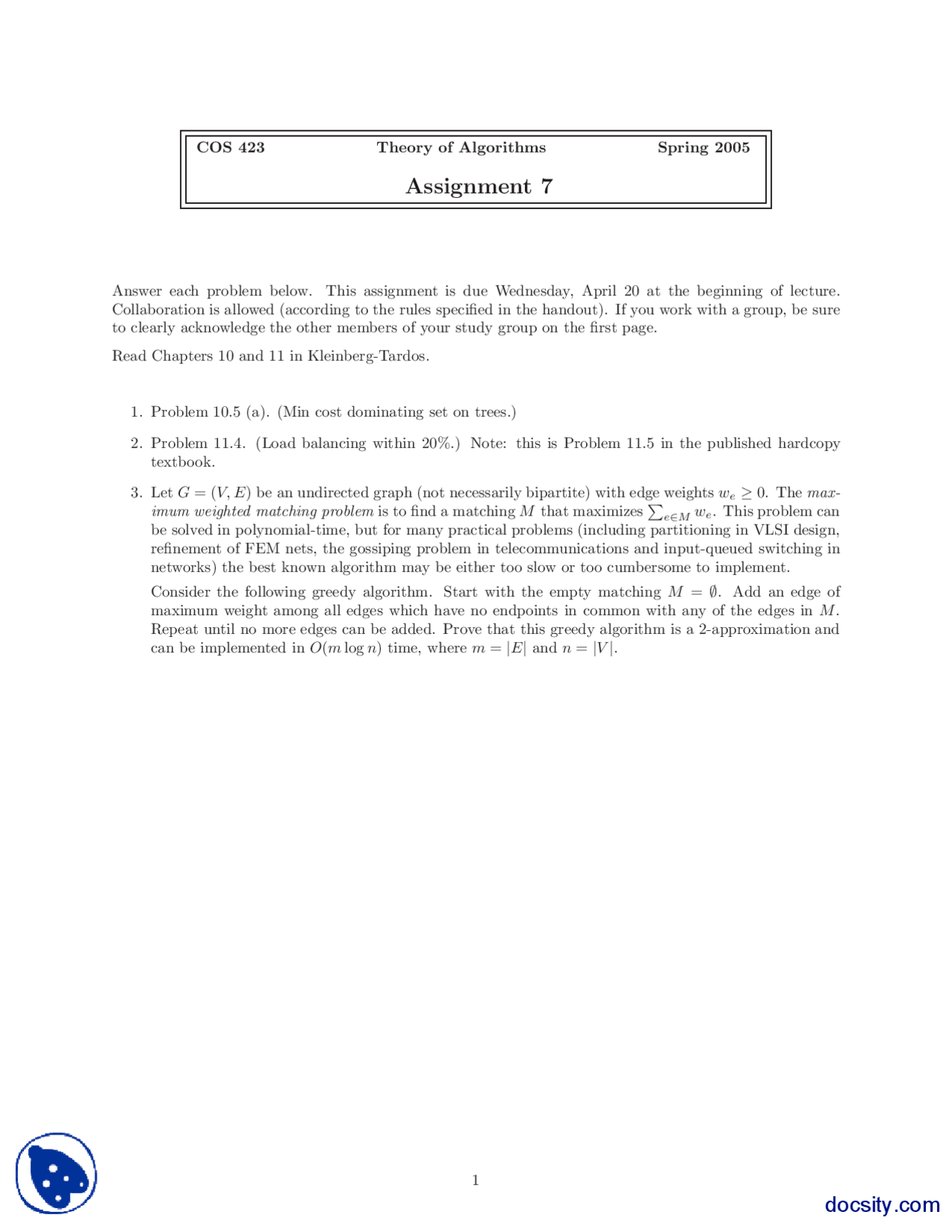 Maxmin Weighted Matching Problem Algorithms Assignment Docsity