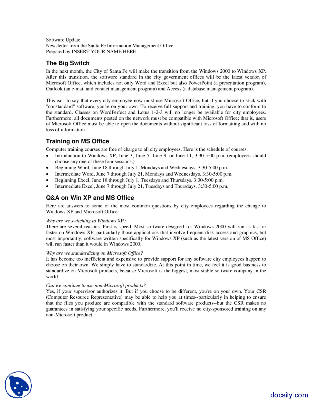 The Big Switch Learning Microsoft Word Assignment Solutions Docsity
