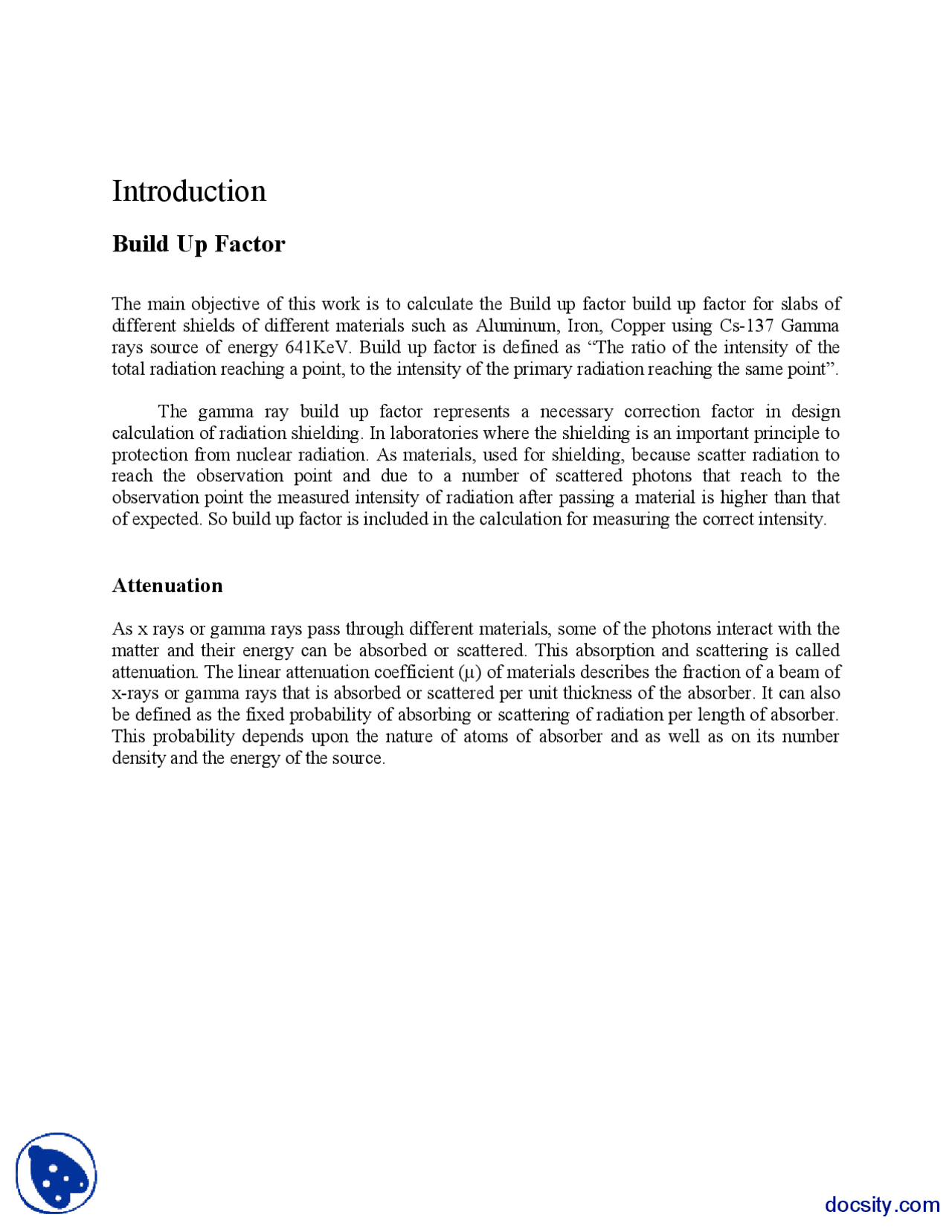Buildup Factor Measurement Physics Lab Report Docsity