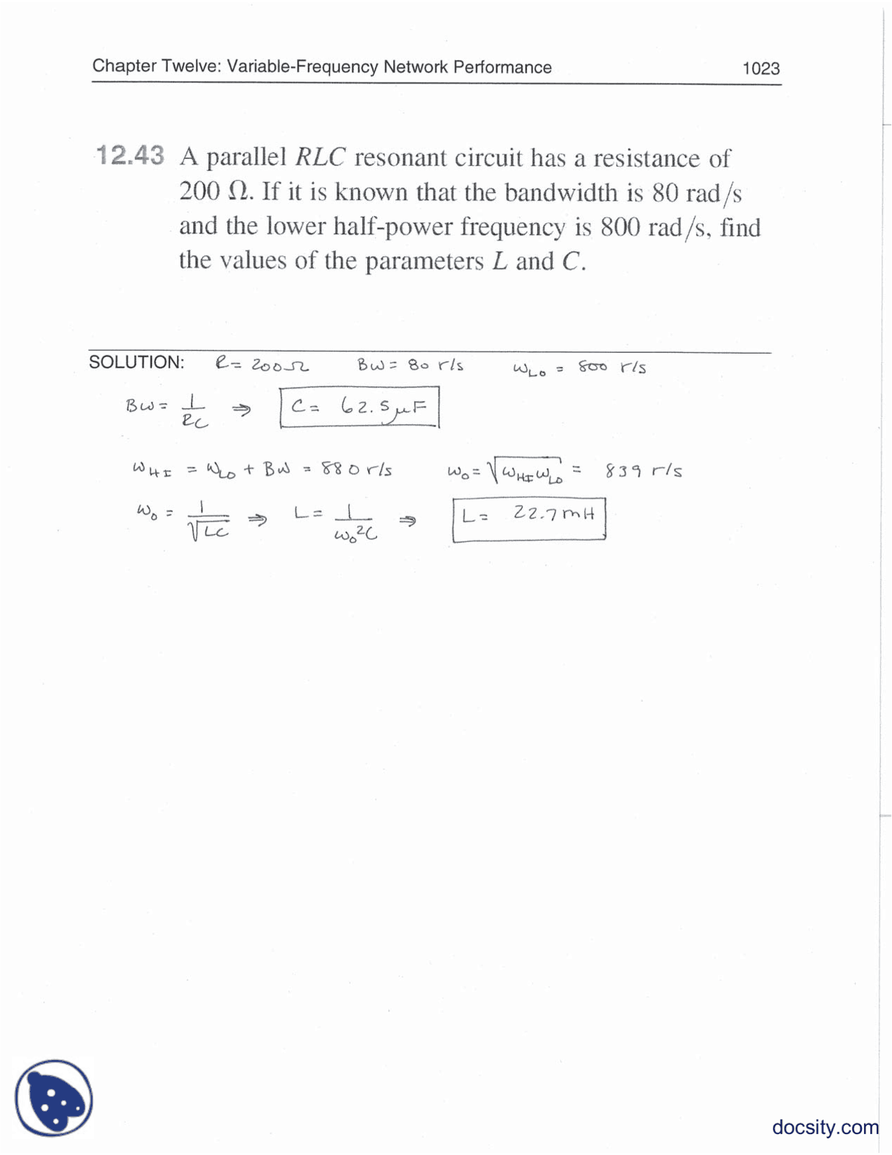 Variable Frequency Network Performance Solved Problems Docsity