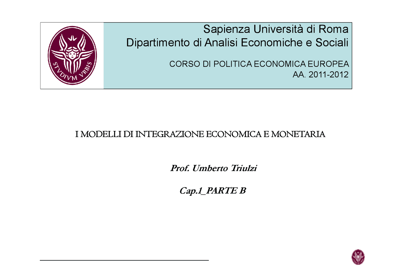 I modelli di integrazione economica e monetaria . Diritto dell'Unione ...