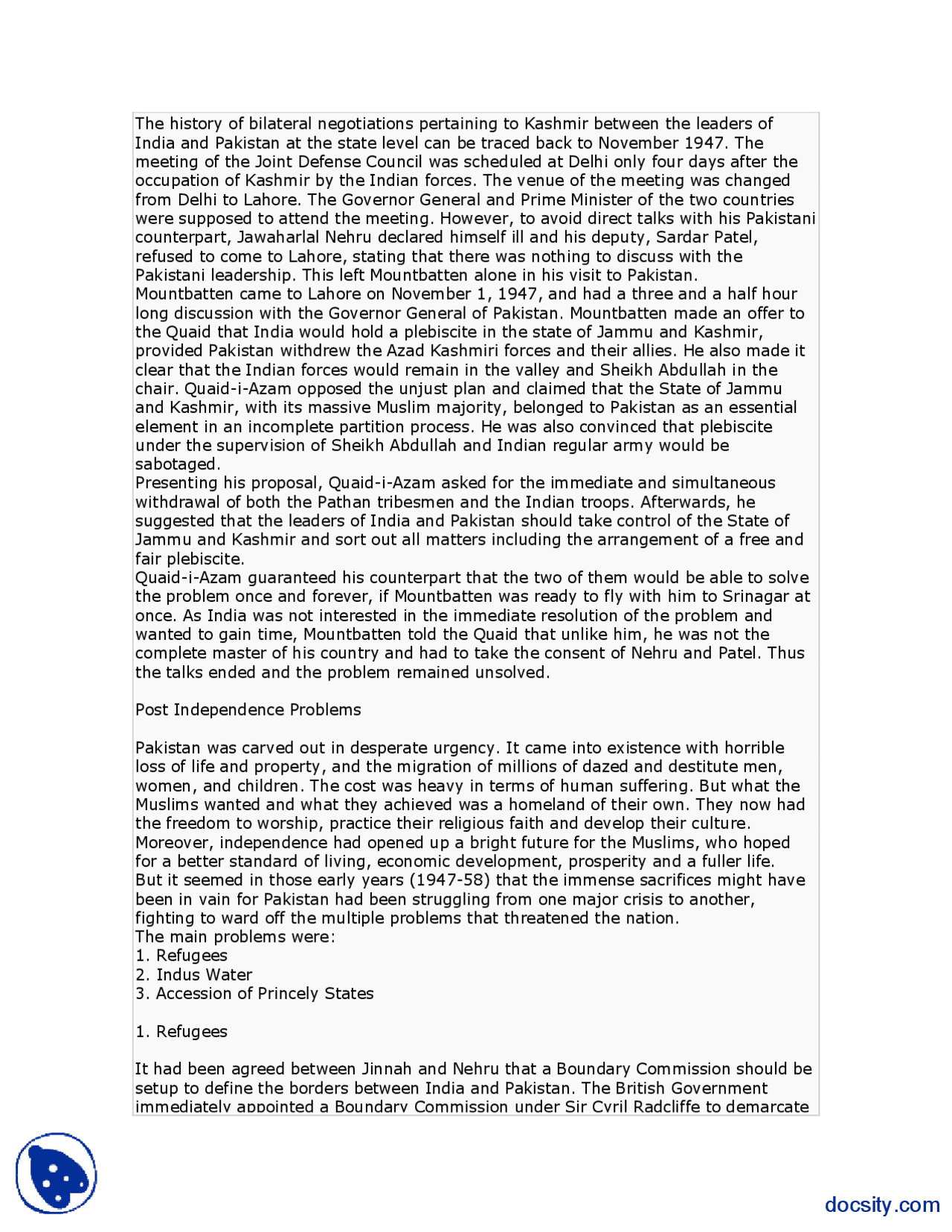 Post Independence Problems, Kashmir Crisis [1948]-Pakistan History-Lecture Handout - Docsity