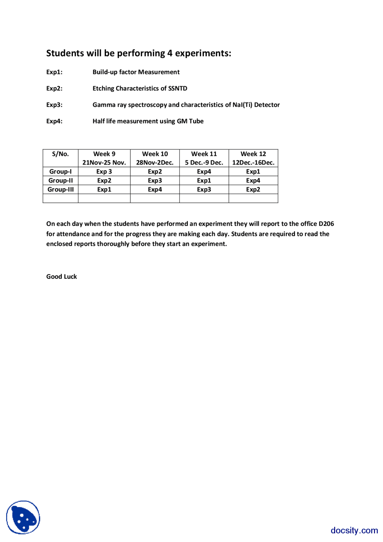 Schedule of Preforming Expriment-Advanced Physics-Lab Report - Docsity