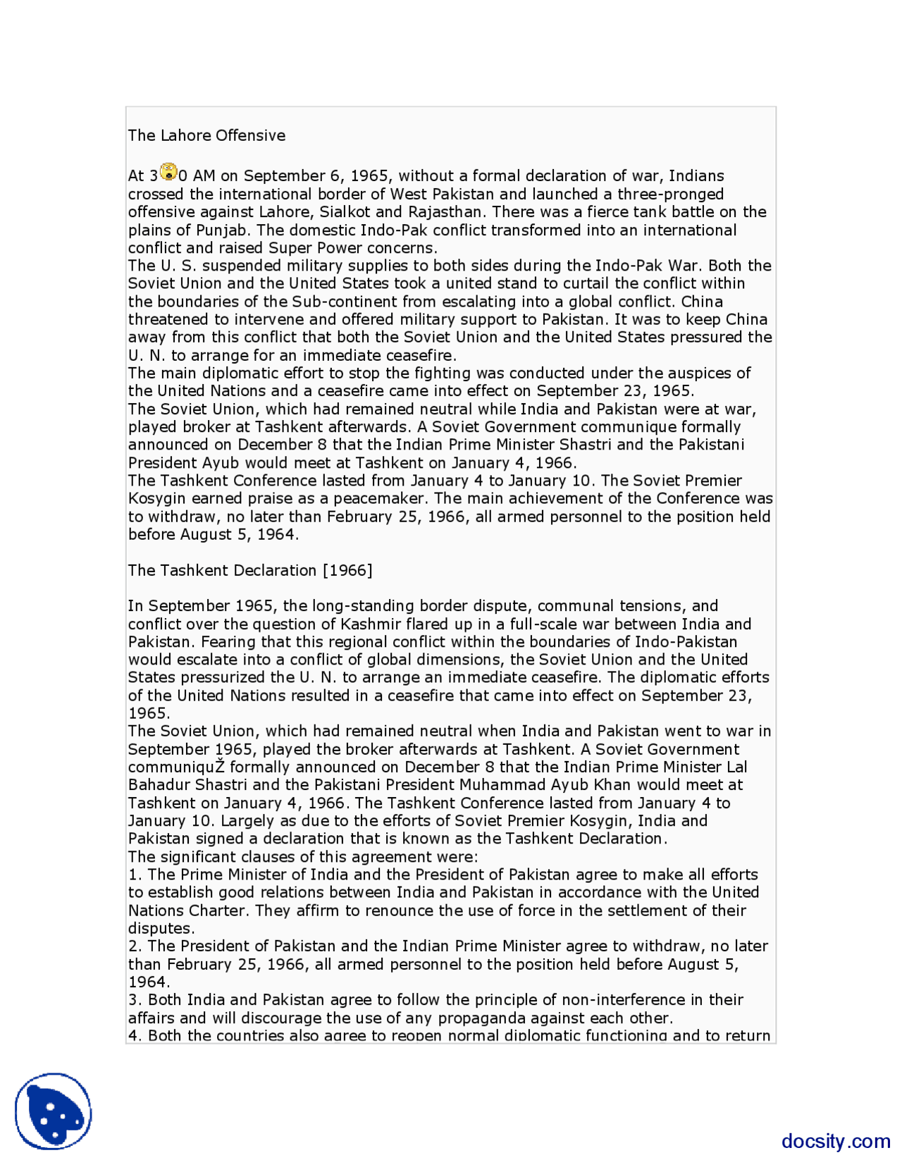 The Lahore Offensive, The Tashkent Declaration [1966]-Pakistan History ...