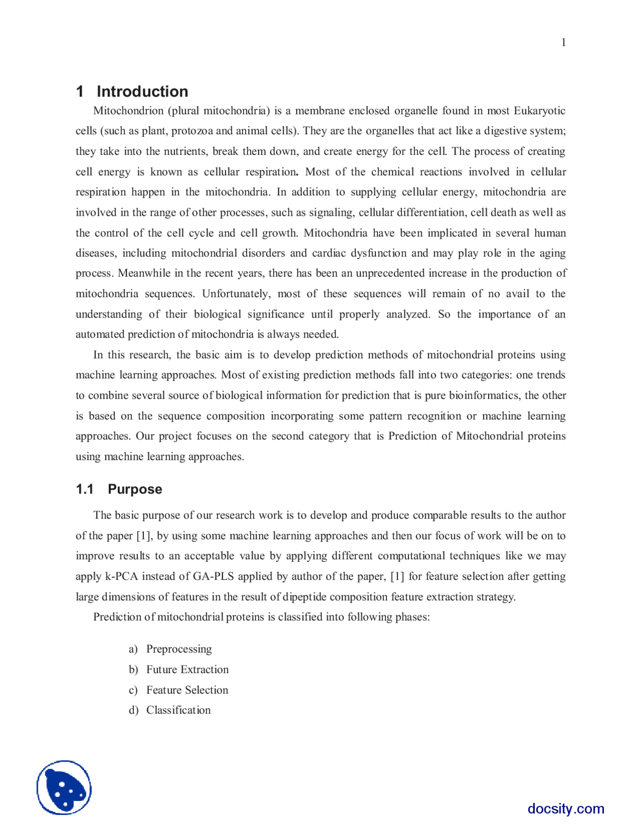 Prediction Methods Of Mitochondrial Proteins Computer Sciences Project