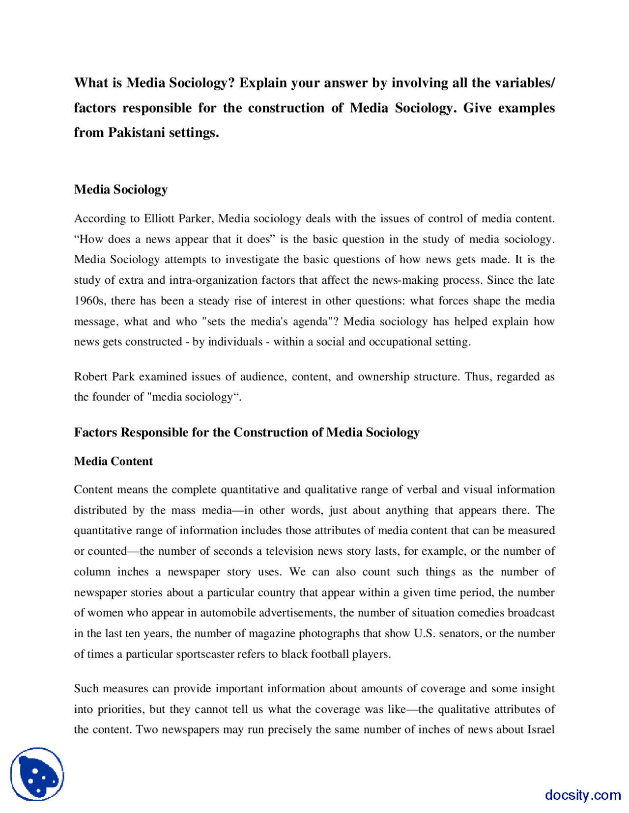 What is Media Sociology-Media and Mass Communication-Handout - Docsity