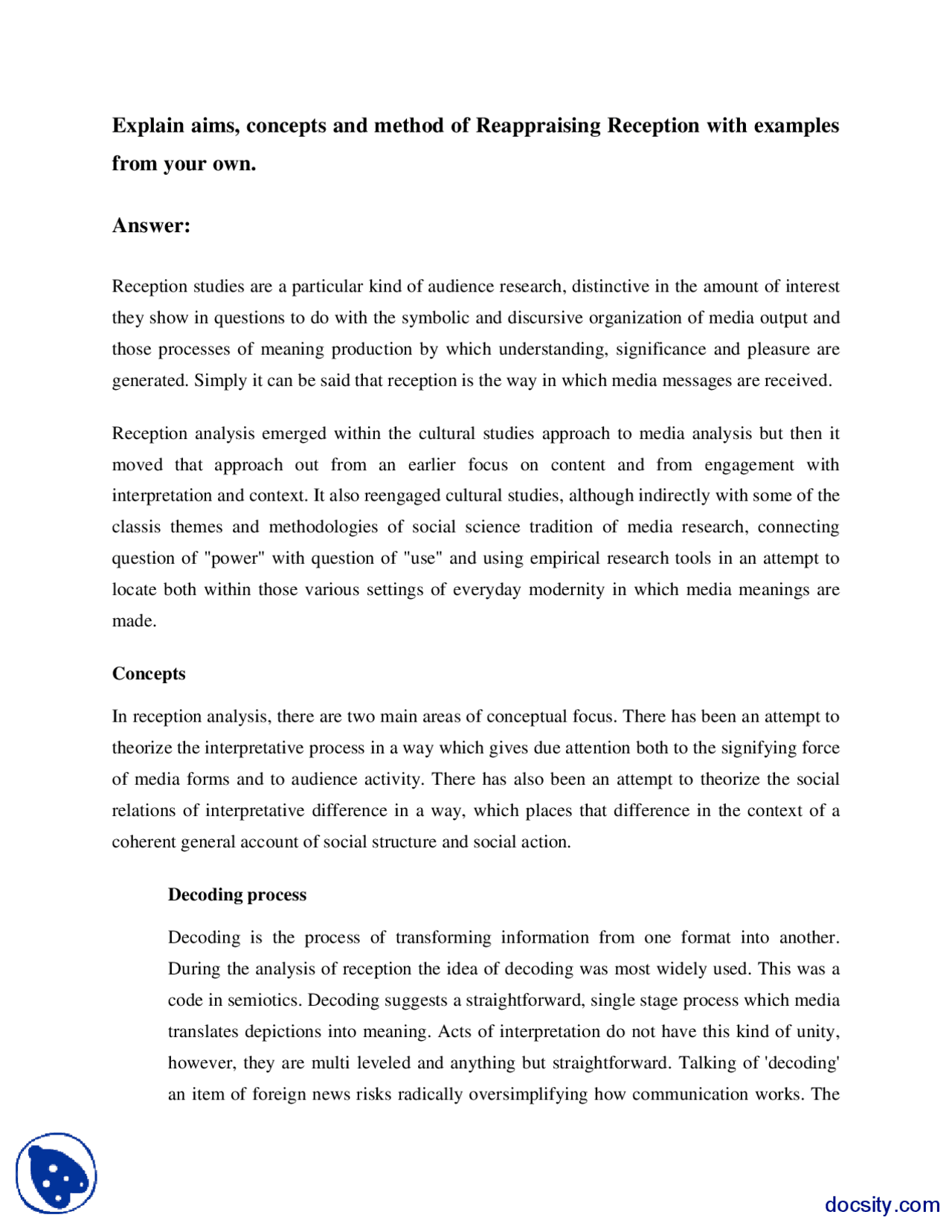 Aims Concepts And Method of Reappraising Reception-Media and Mass ...