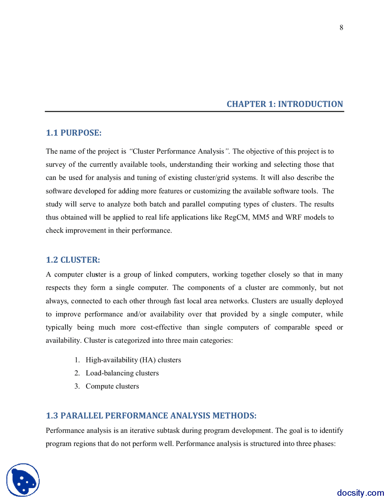 Cluster Performance Analysis 2 Computer Sciences Project Report Docsity