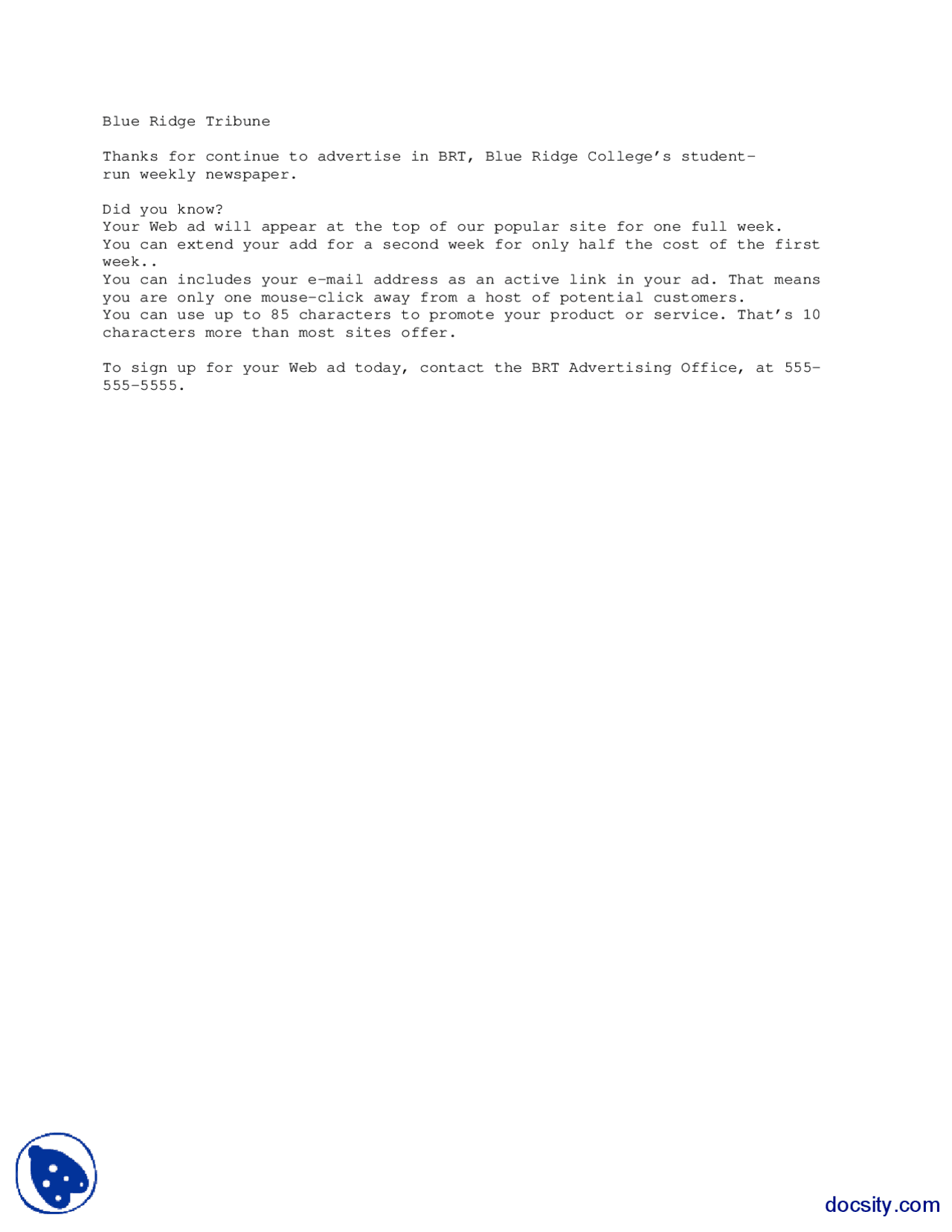 Blue Ridge Tribune-Basics of Microsoft Word-Assignment Solution - Docsity