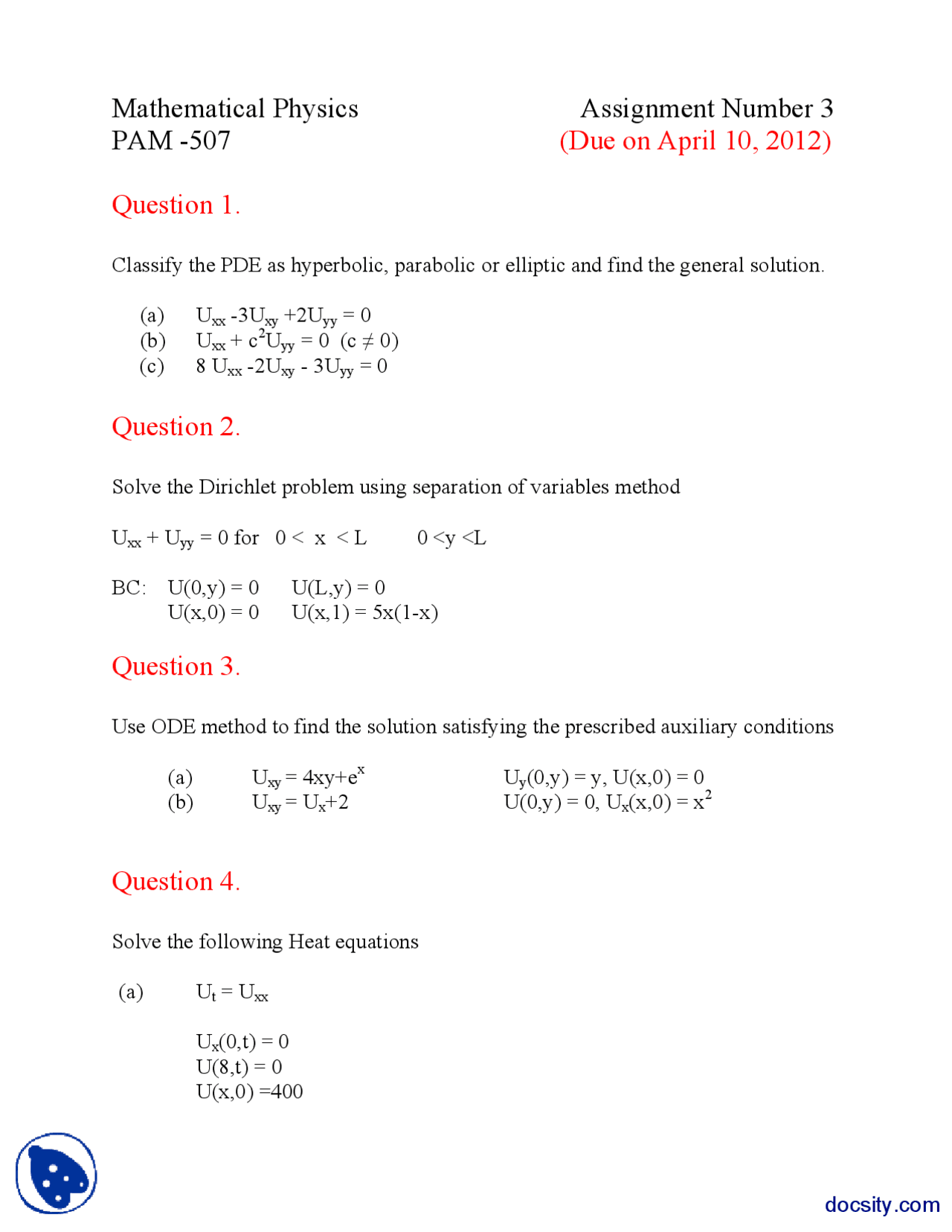Ordinary Differential Equations and Heat Equations-Mathematical Physics-Assignment - Docsity
