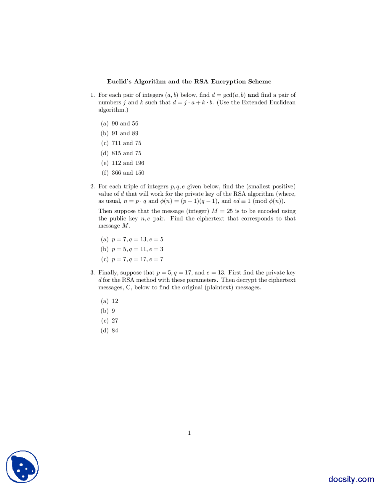 Rsa Complexity Of Algorithms Assignment Docsity