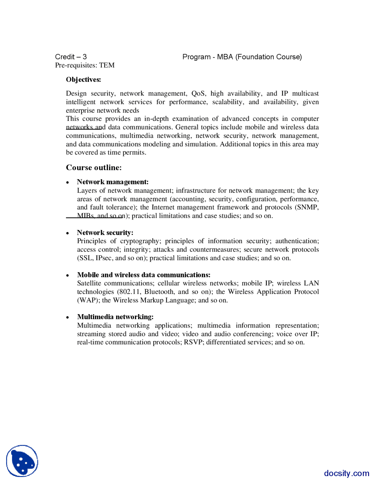 Network Management-Business Administration-Course Outline - Docsity