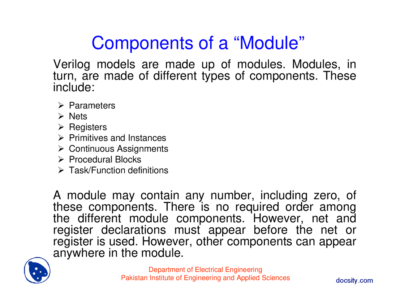 Components Of A Module Verilog And Hdl Lecture Slides Slides Verilog And Vhdl Docsity