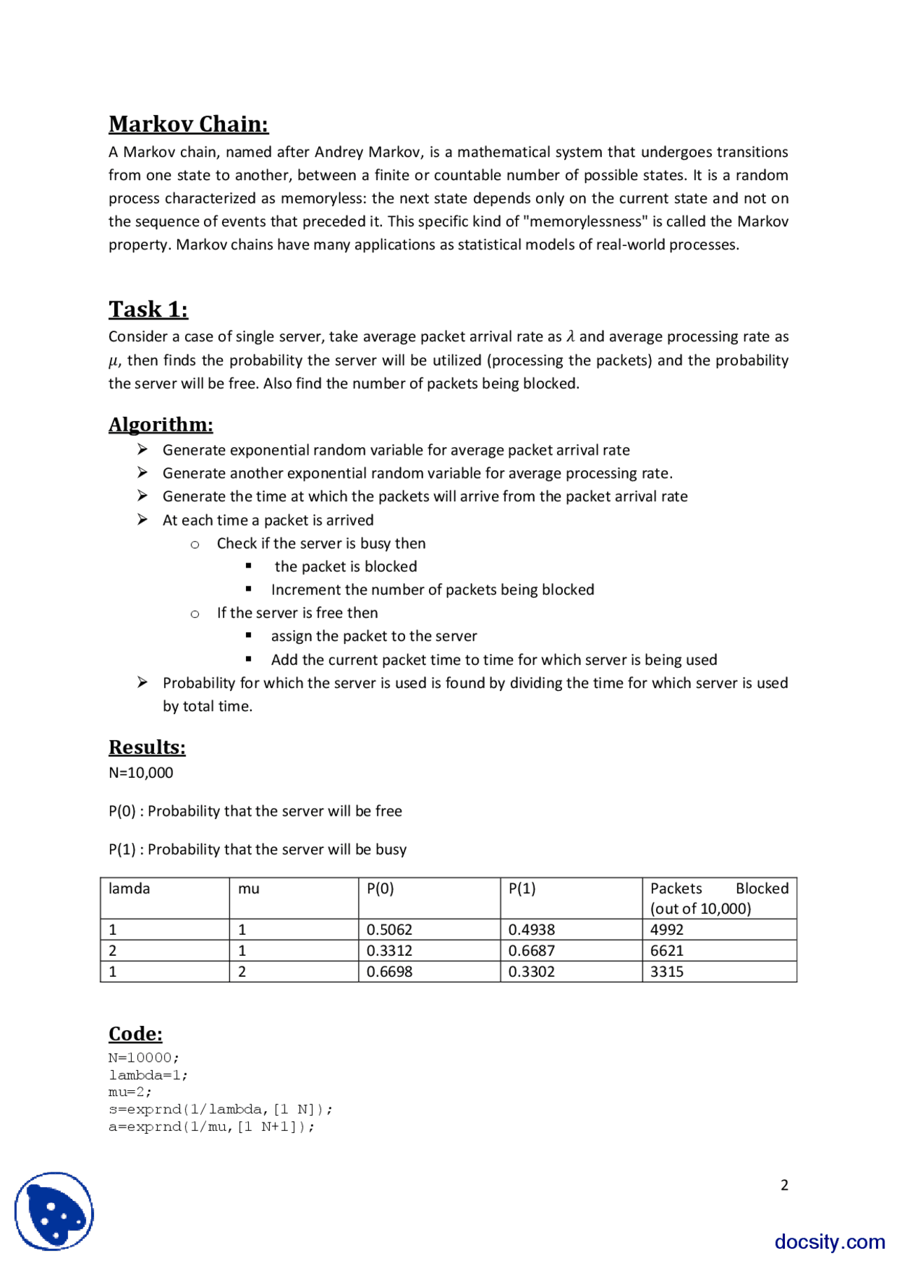 Markov Chain System Engineering Lab Report Docsity