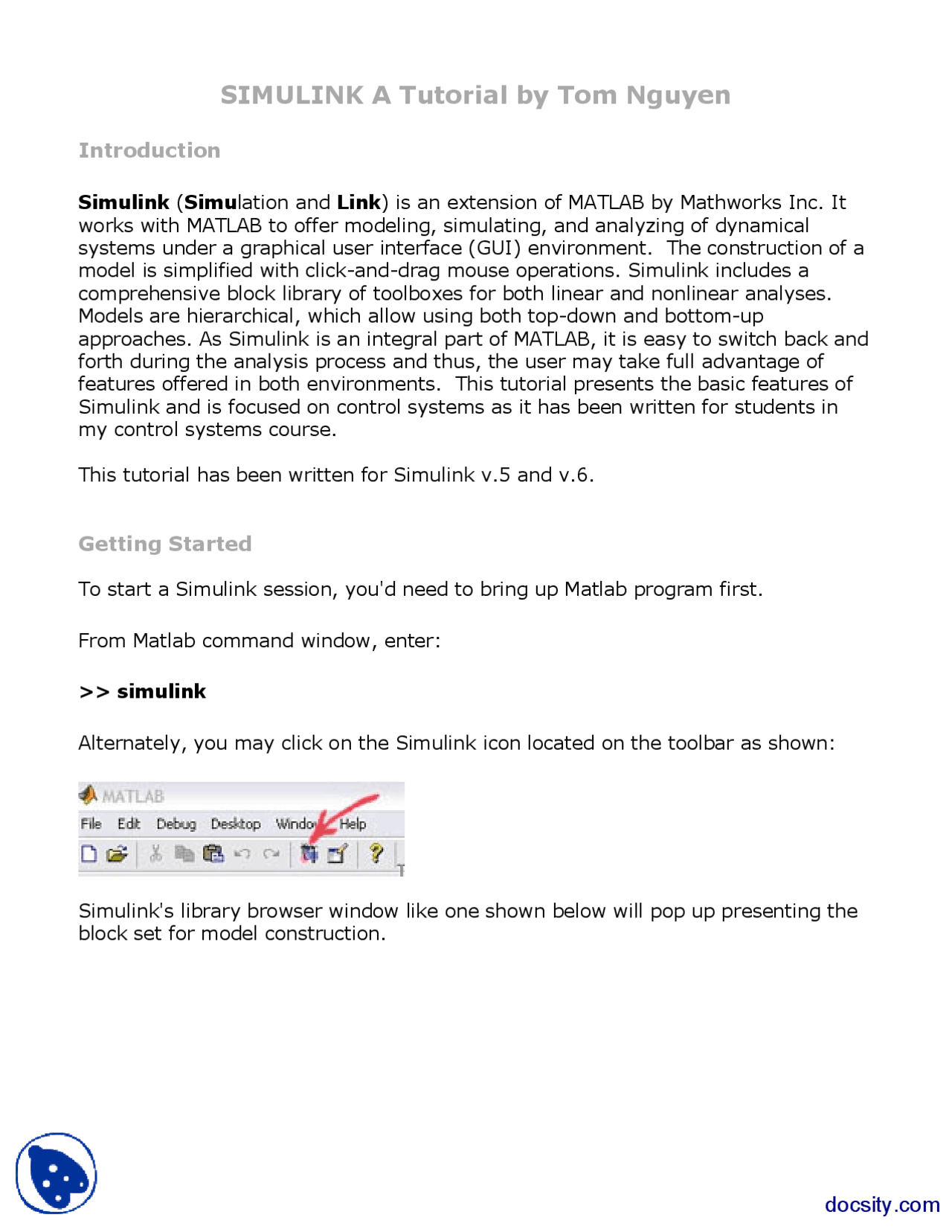 Simulink A Tutorial By Tom Nguyen Using Matlab And Other Computational