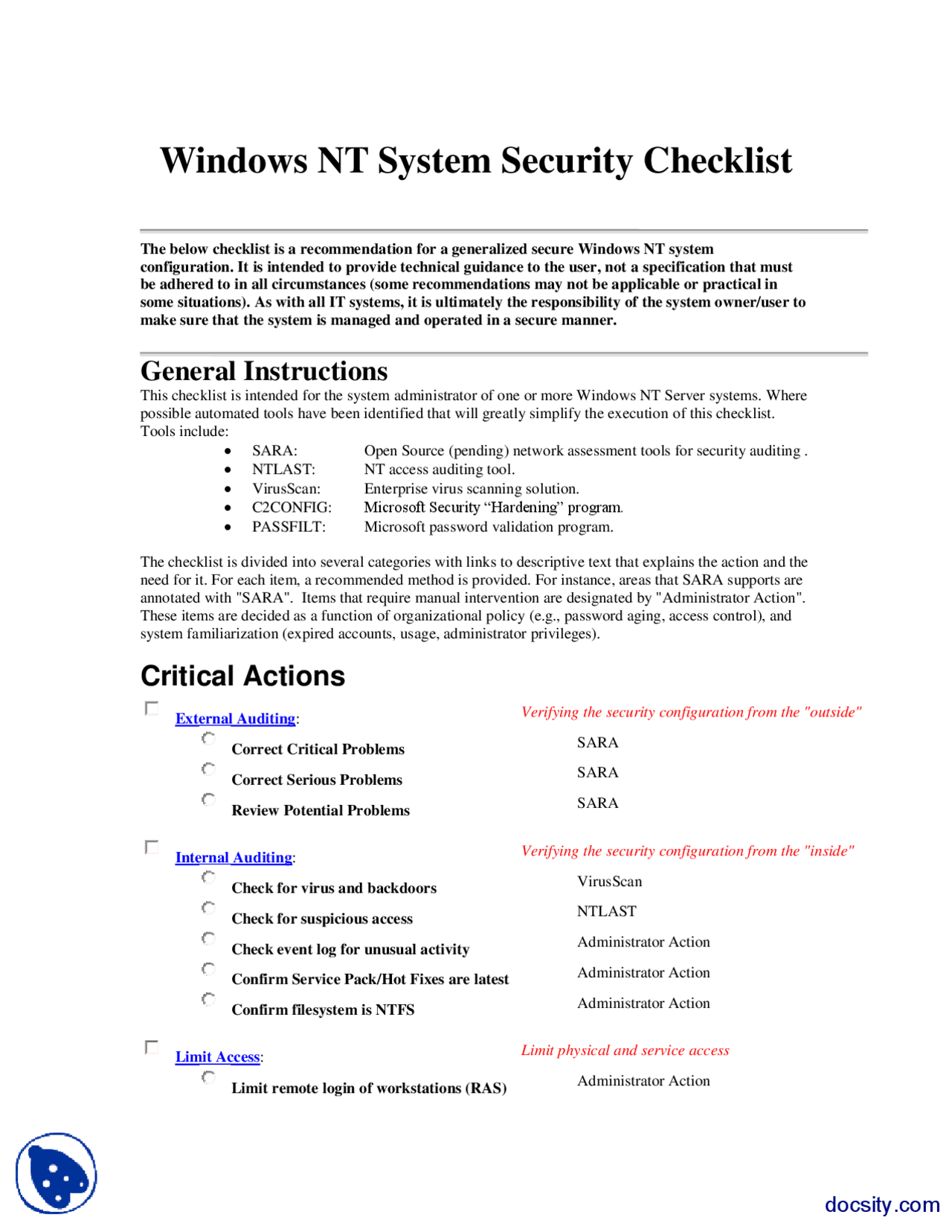 Windows NT System Security Checklist-System Security And Cryptography ...